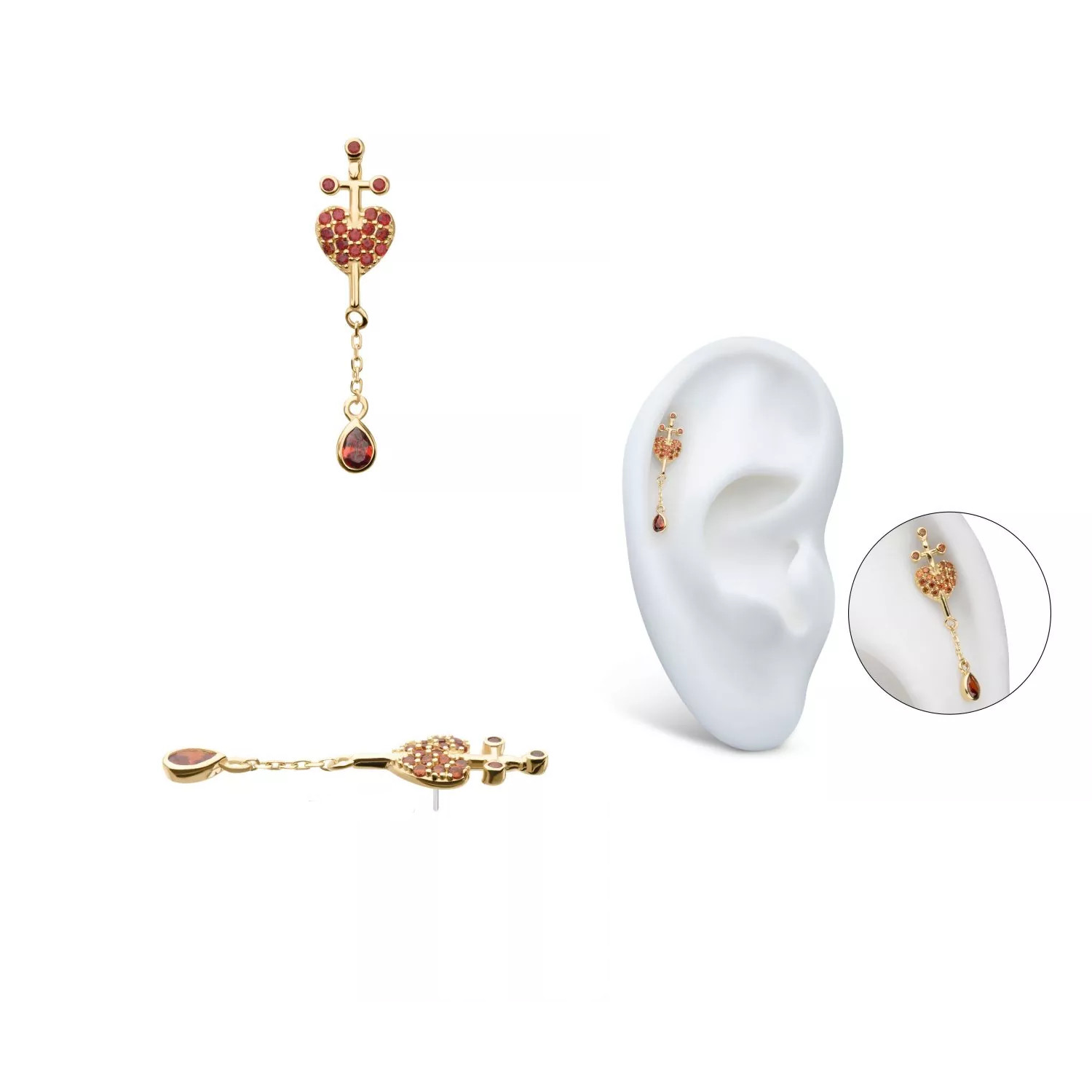 14k Gold Gemmed Heart Sword Threadless End Dangle Teardrop