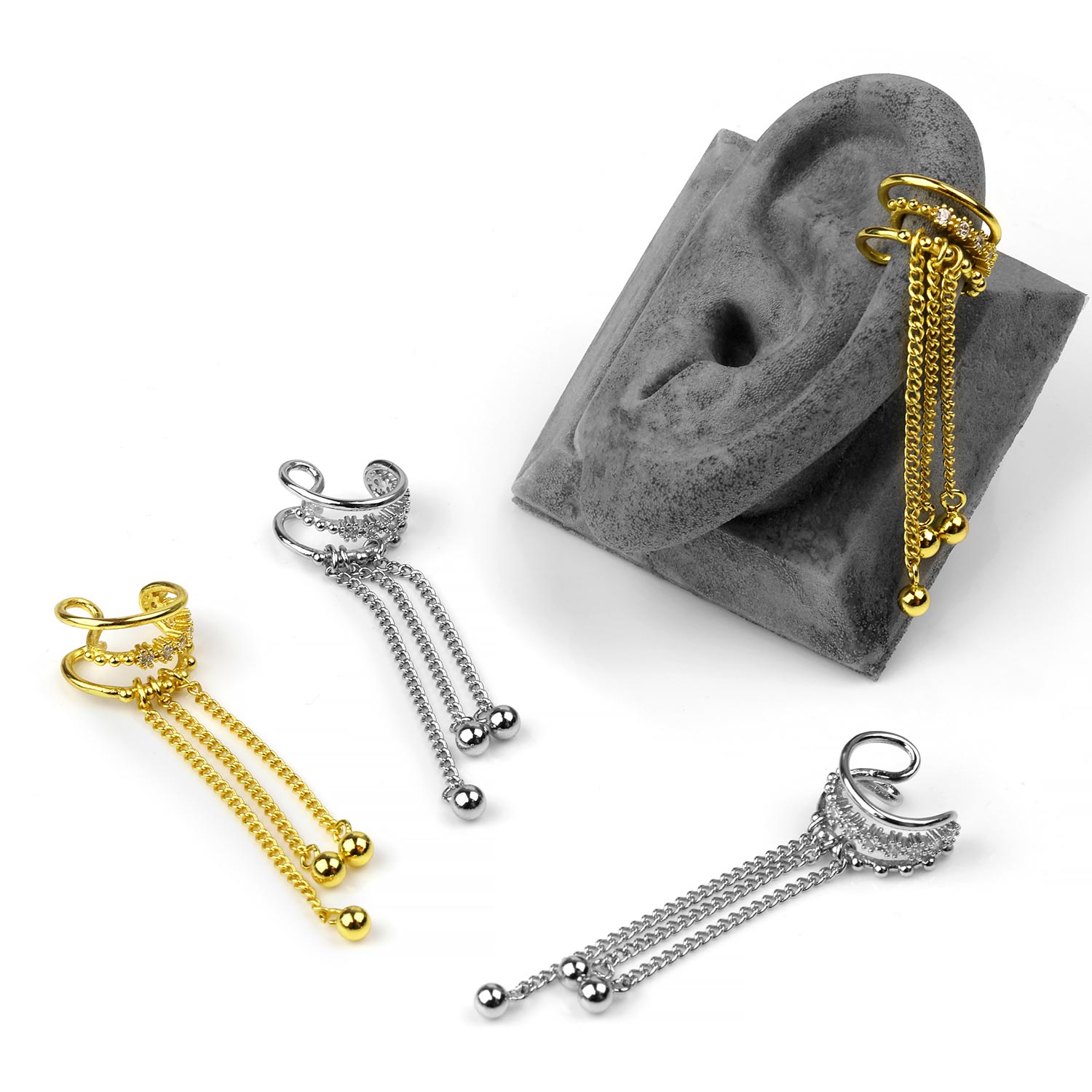 White Metal Long Eclectic Chain Cz Ear Cuff