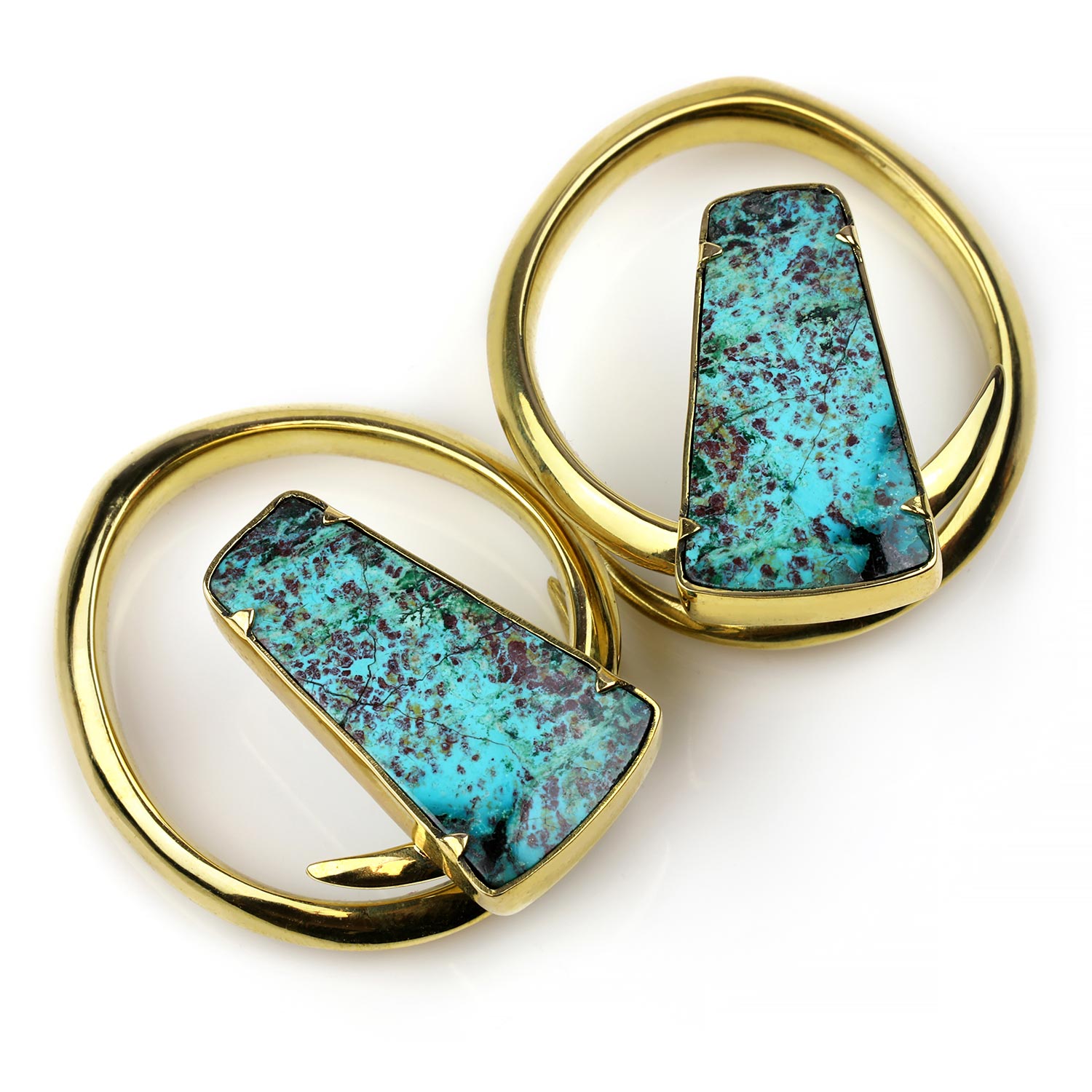Solid Brass Chrysocolla Coil Hoops For Stretched Lobes