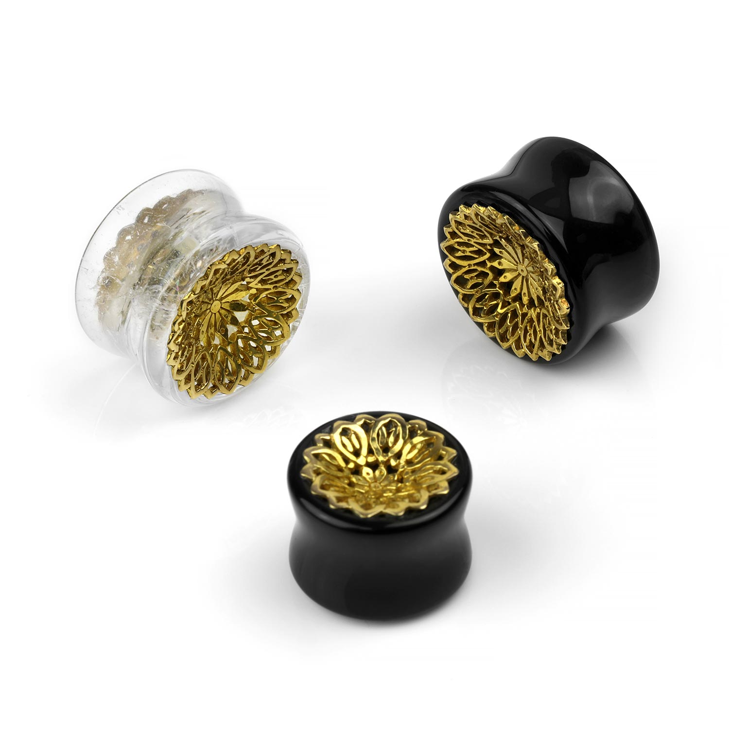 Concave Stone Plugs With Brass Mandala Inlays