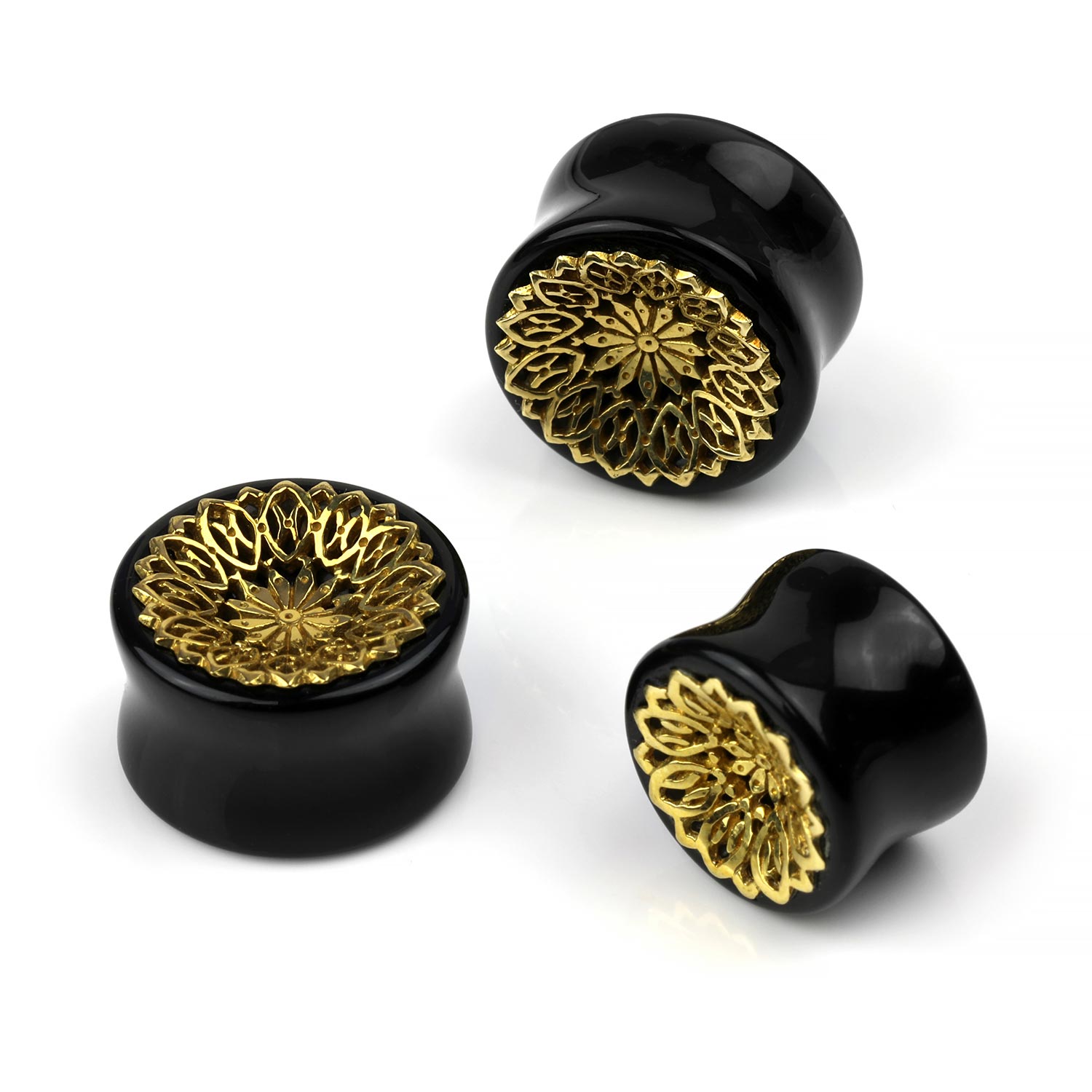 Concave Stone Plugs With Brass Mandala Inlays