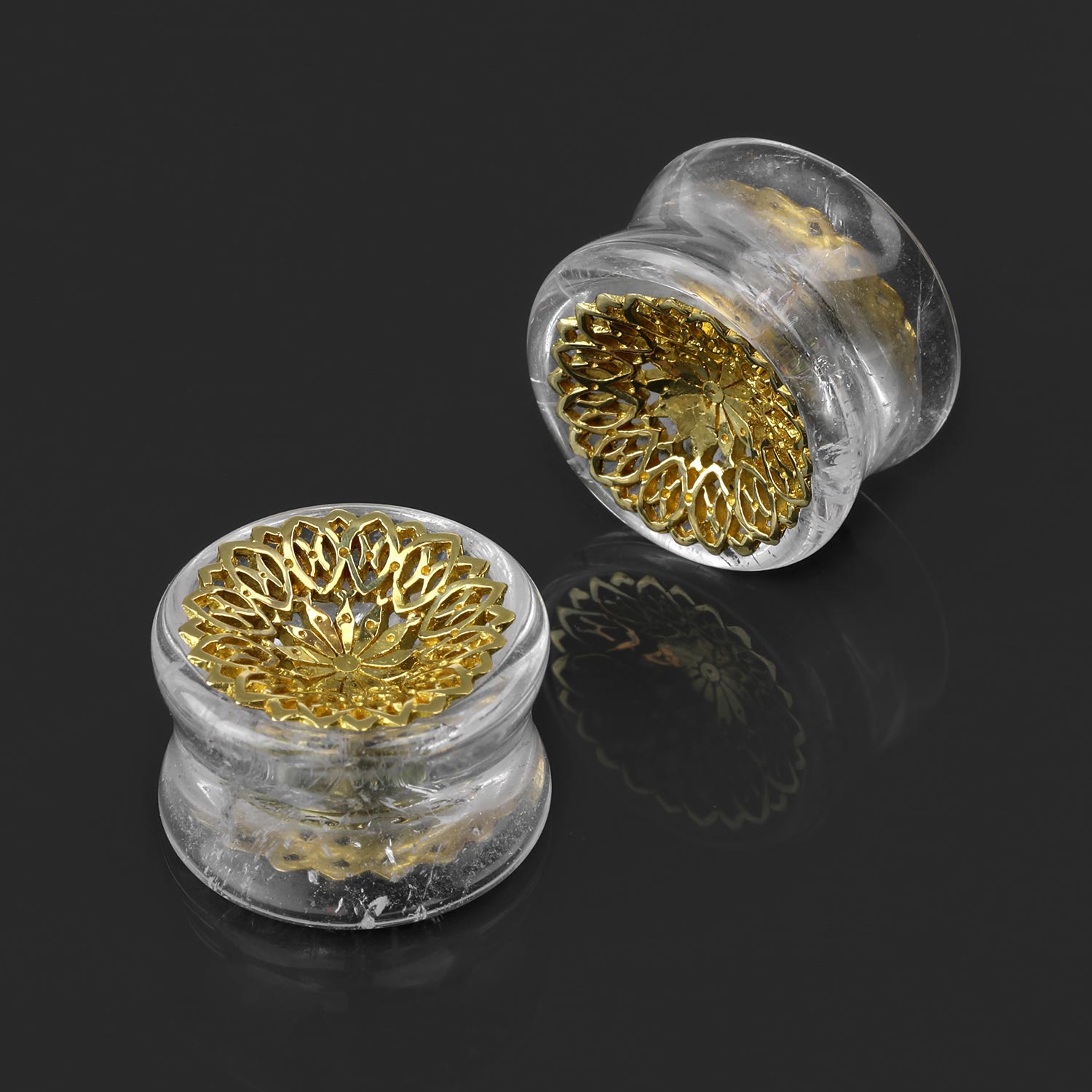 Concave Stone Plugs With Brass Mandala Inlays