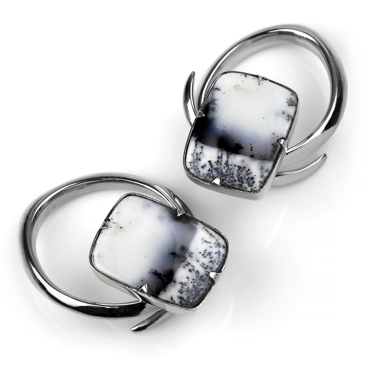 White Brass And Dendritic Opal Coil Hoops