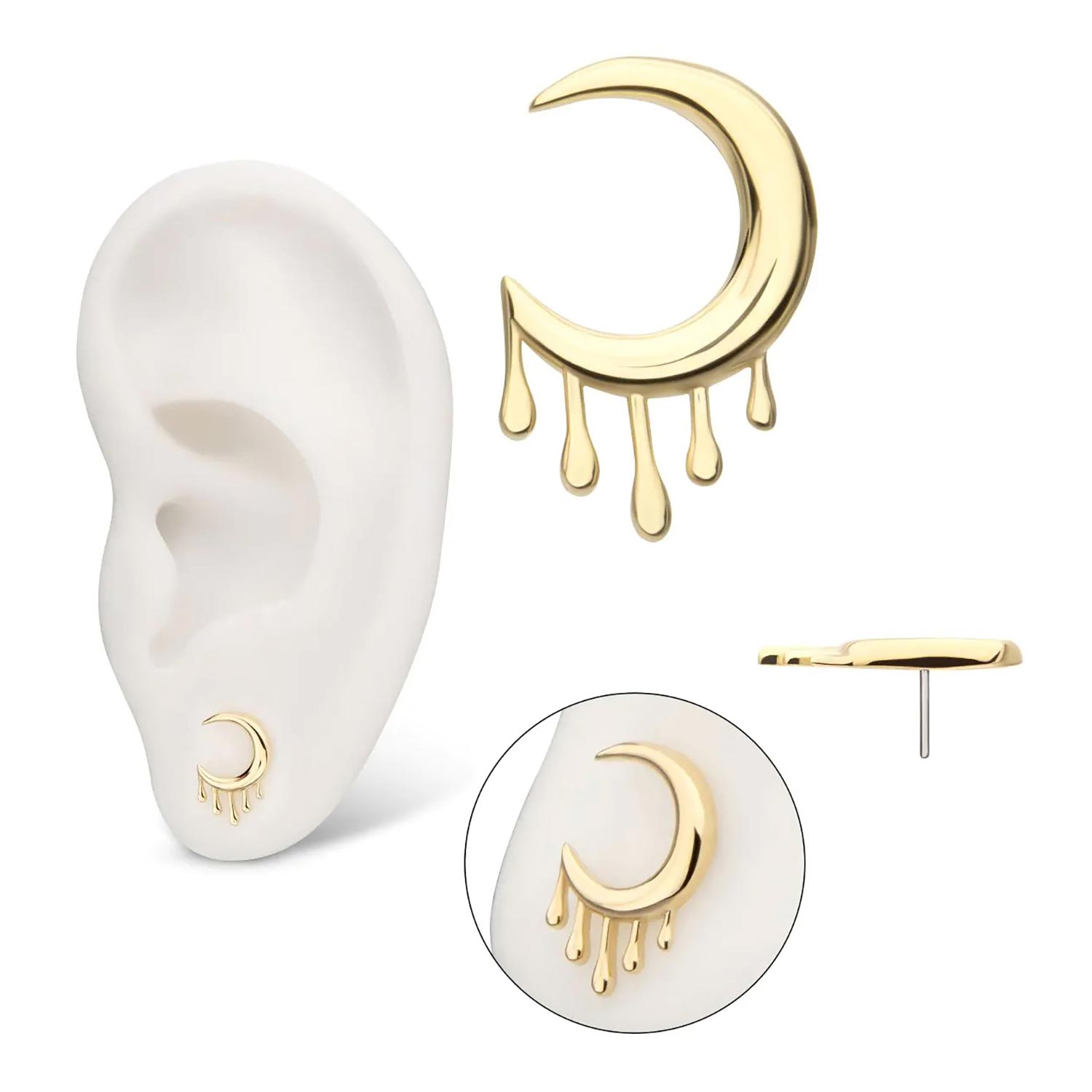 Custom 14k Gold Dripping Crescent Moon Threadless End