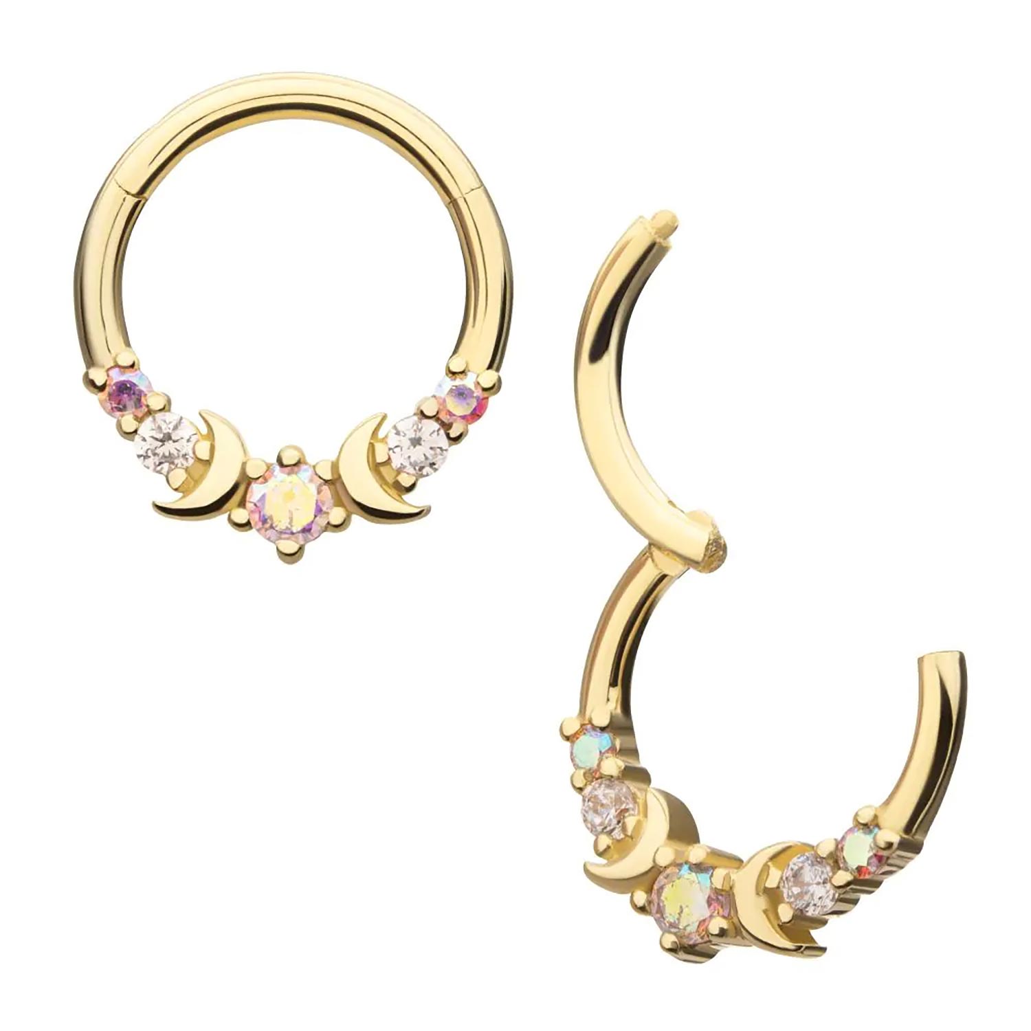 14k Gold Triple Moon Phase Gemmed Clicker For Piercing