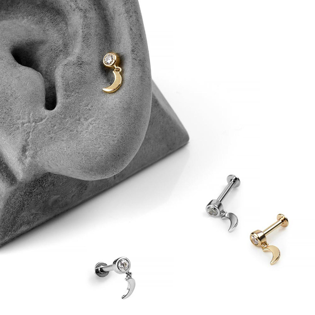 14k Gold Bezel Set Labret With Dangle Moon