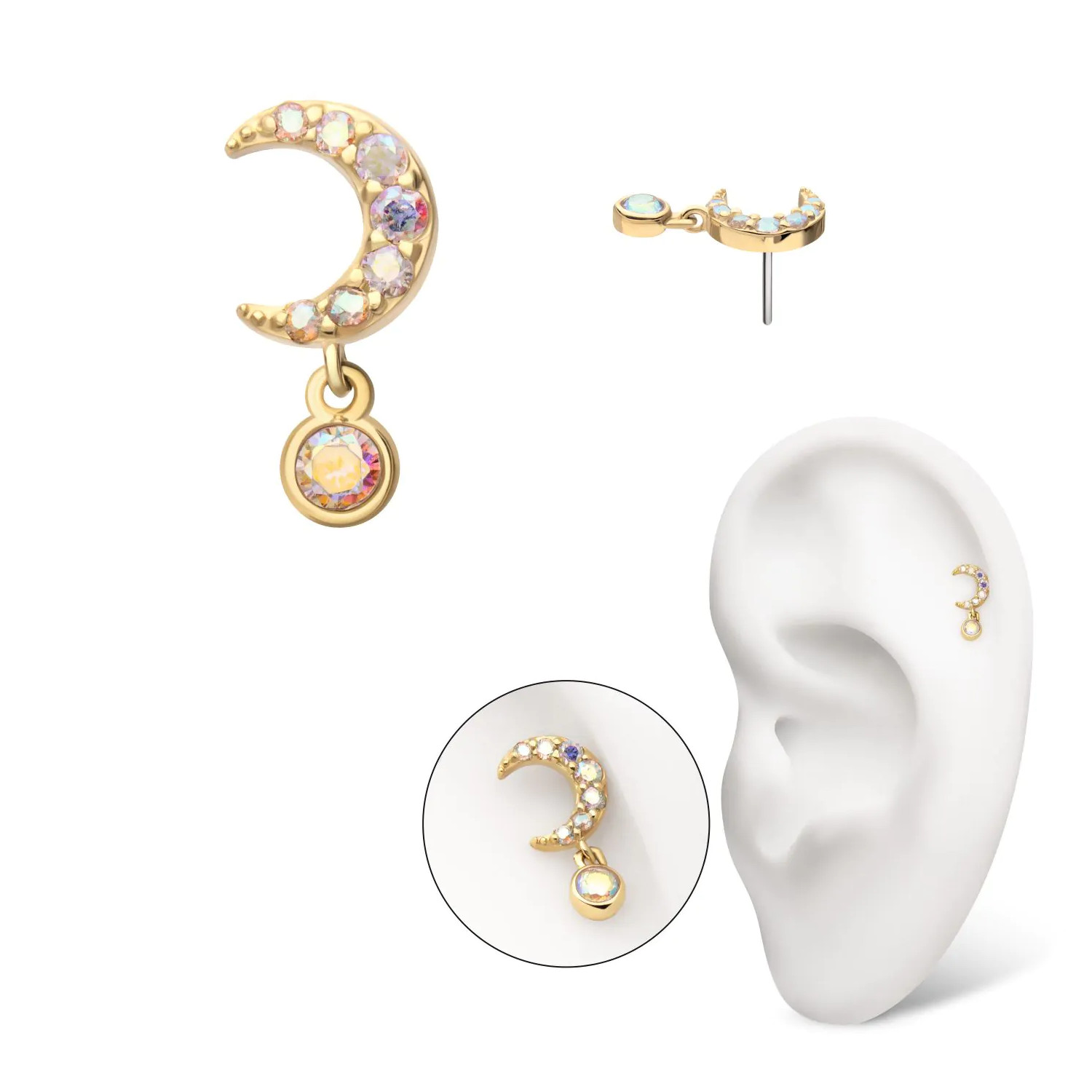14k Gold Gemmed Crescent Moon Threadless End With Dange Gem