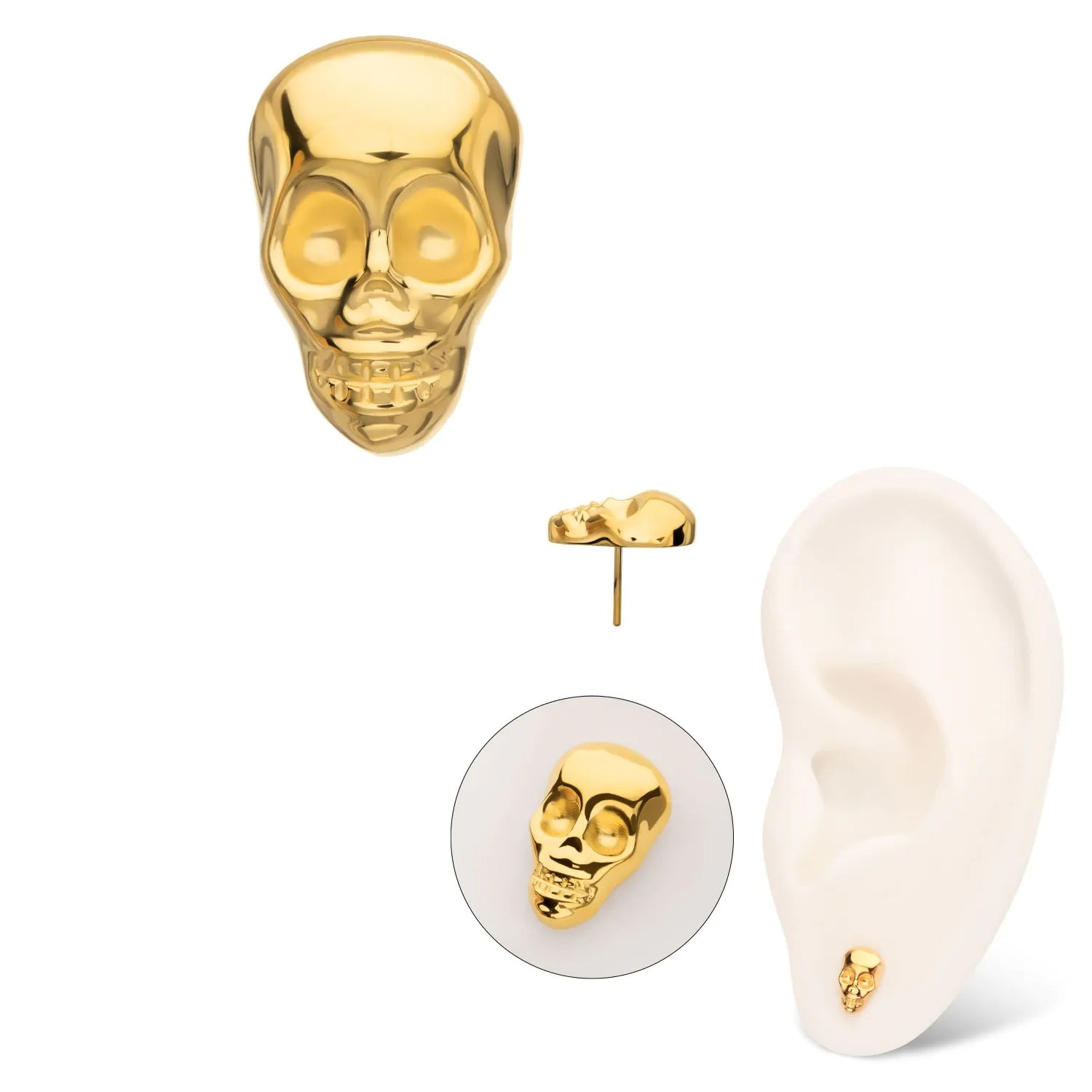 24k Yellow Gold Titanium 3d Skull Threadless End