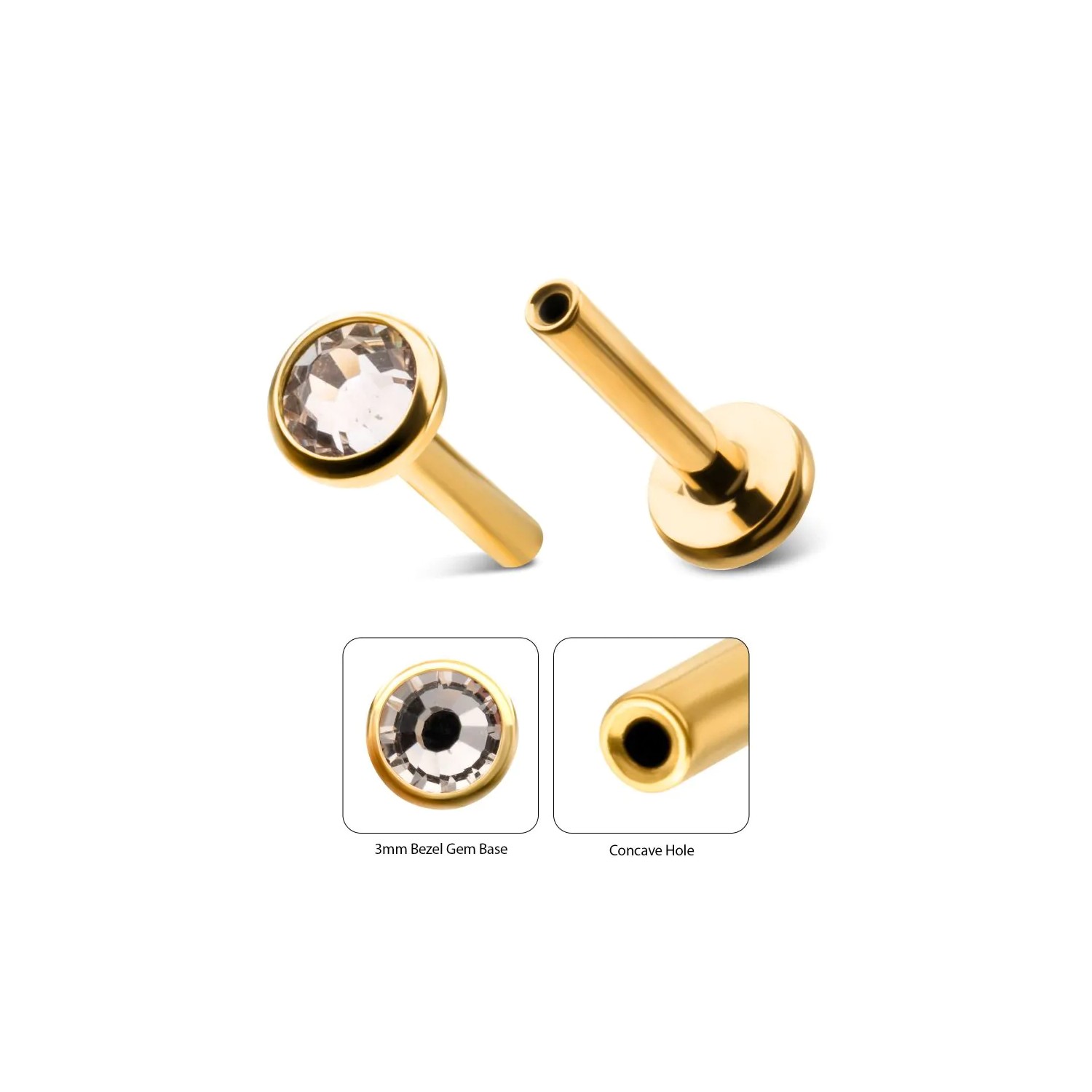 24k Gold Plated Titanium Threadless Labret With Gemmed Back