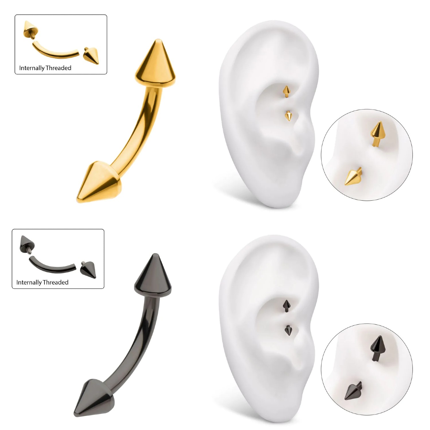 Plated Titanium Internally Threaded Spiked Curved Barbell