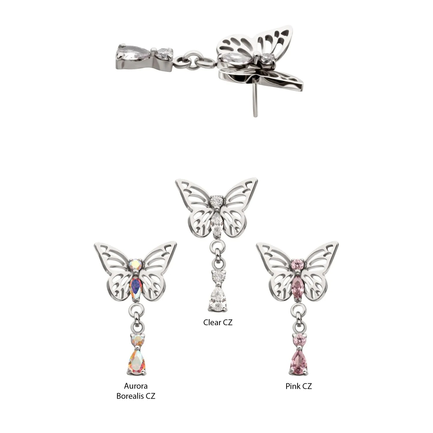 Titanium Gemmed Butterfly Threadless End With Dangle Gems
