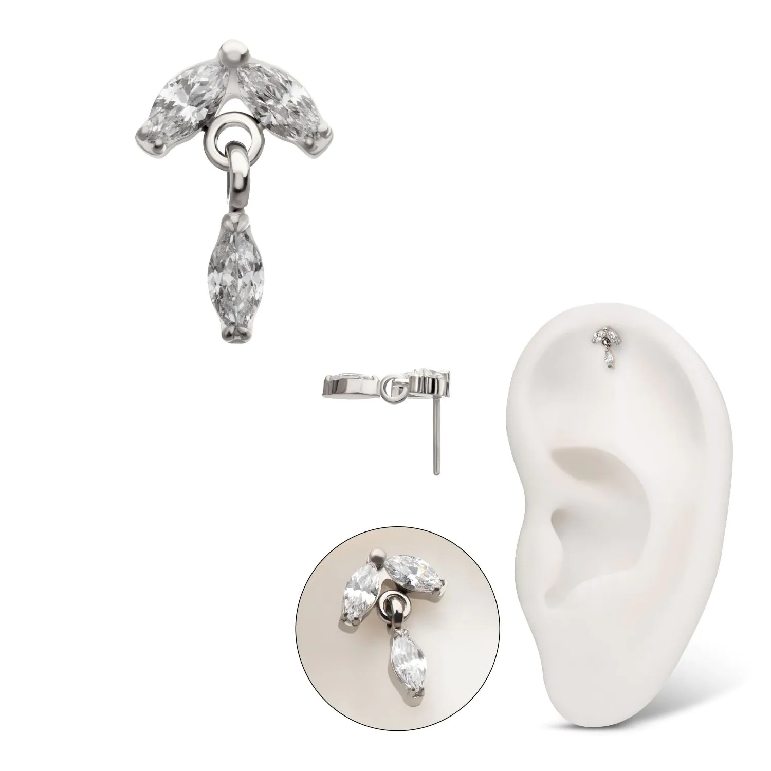 Titanium Twin Marquise Threadless End With Dangle Gems