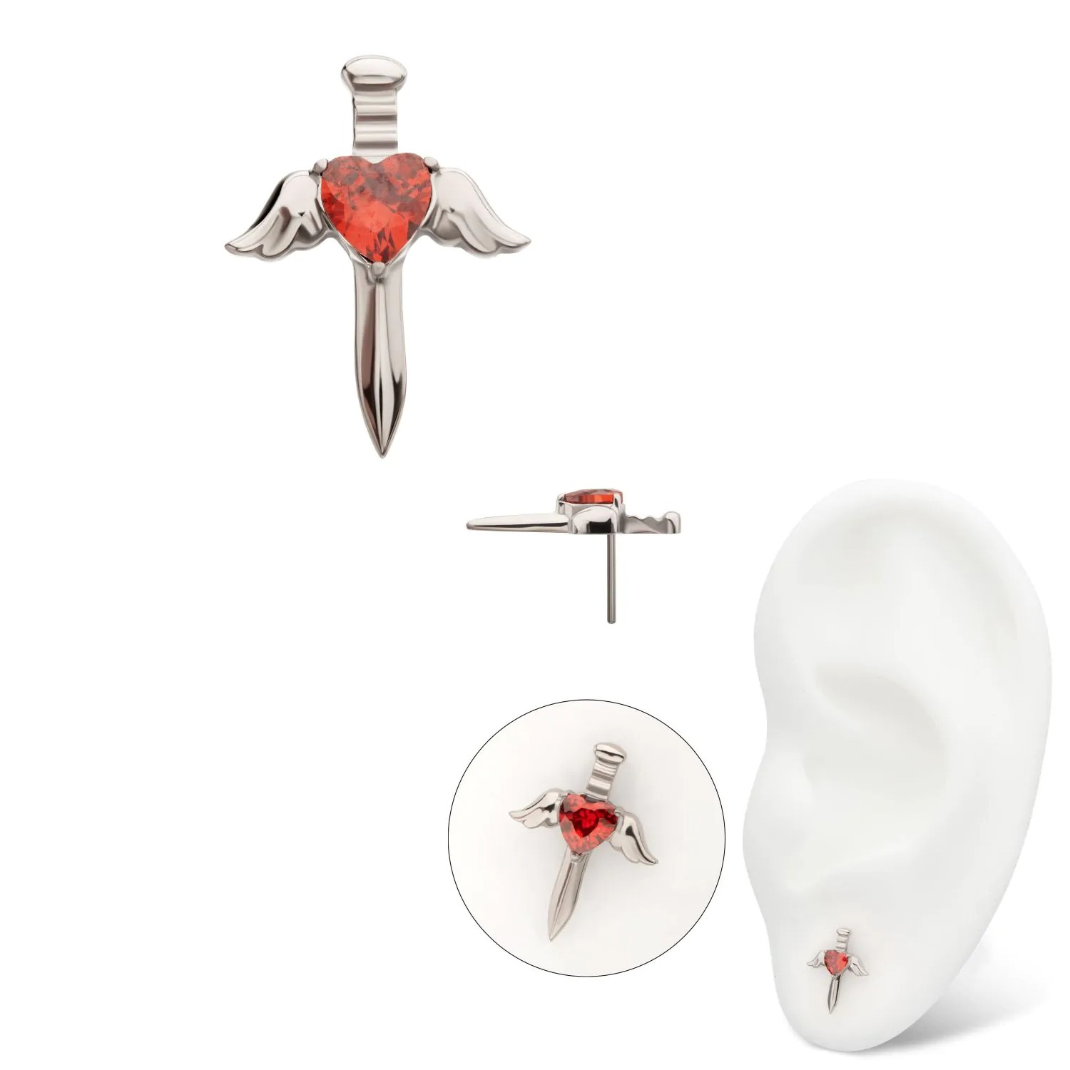 Titanium Winged Dagger With Heart Center Threadless End