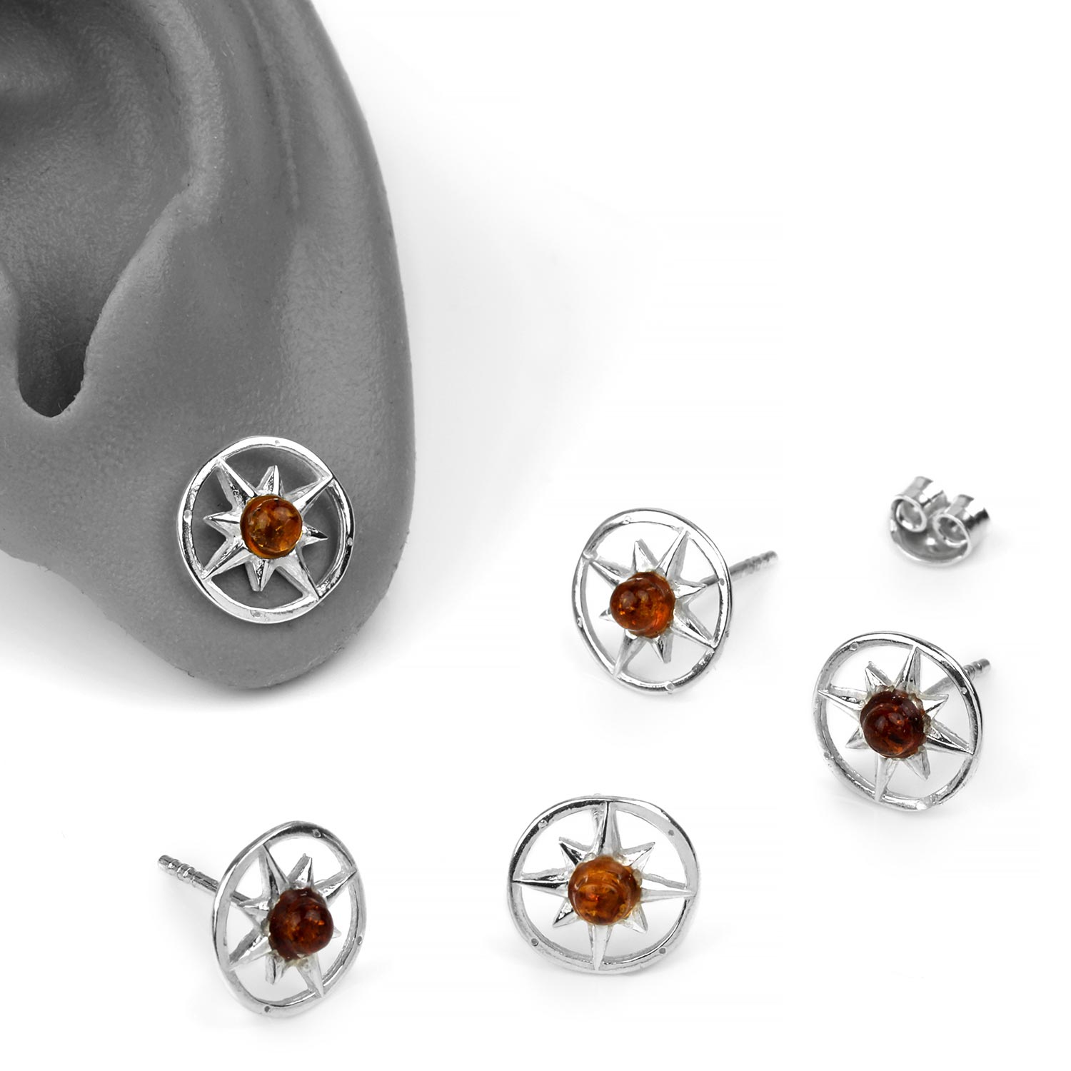 Amber Sterling Silver Compass Earrings