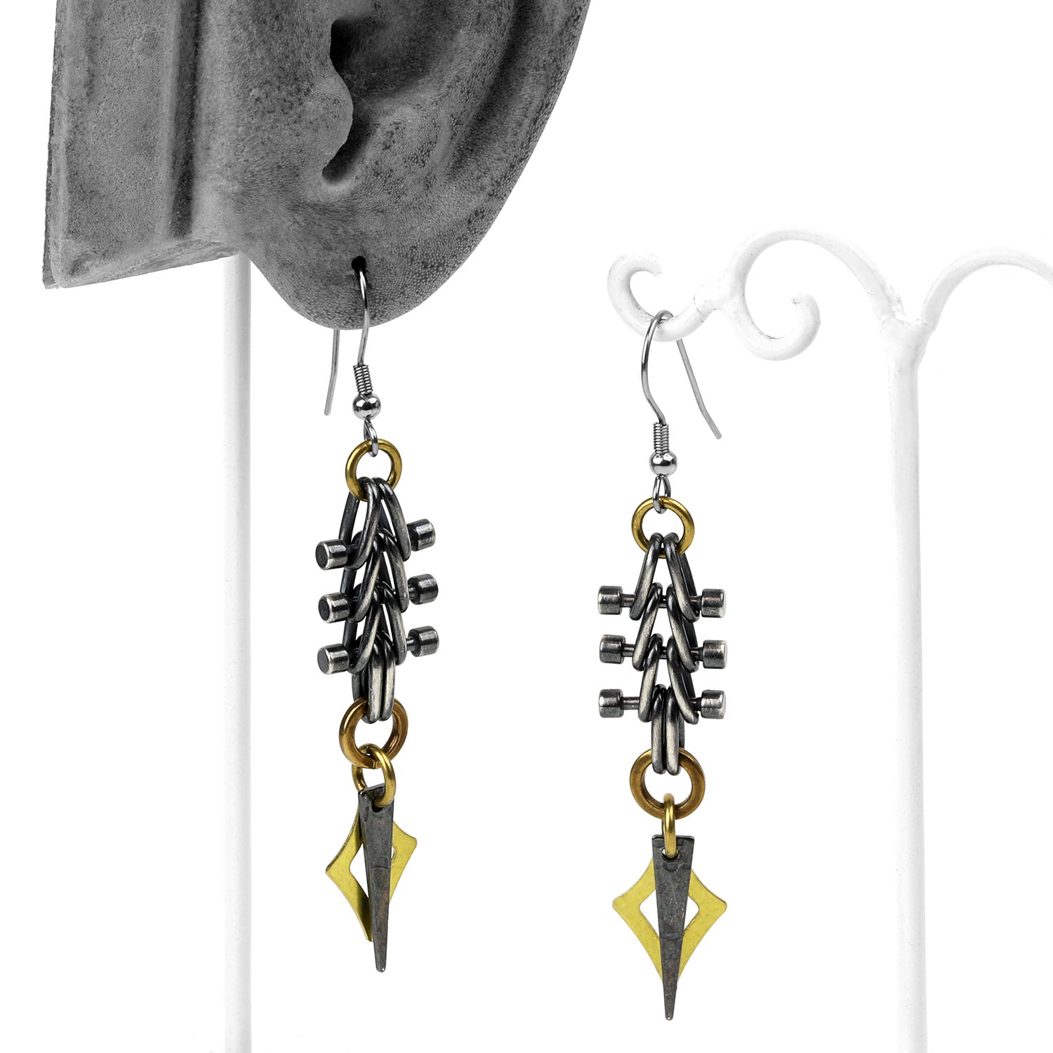 Mixed Chain Link Geo Earrings In Brass & Silver