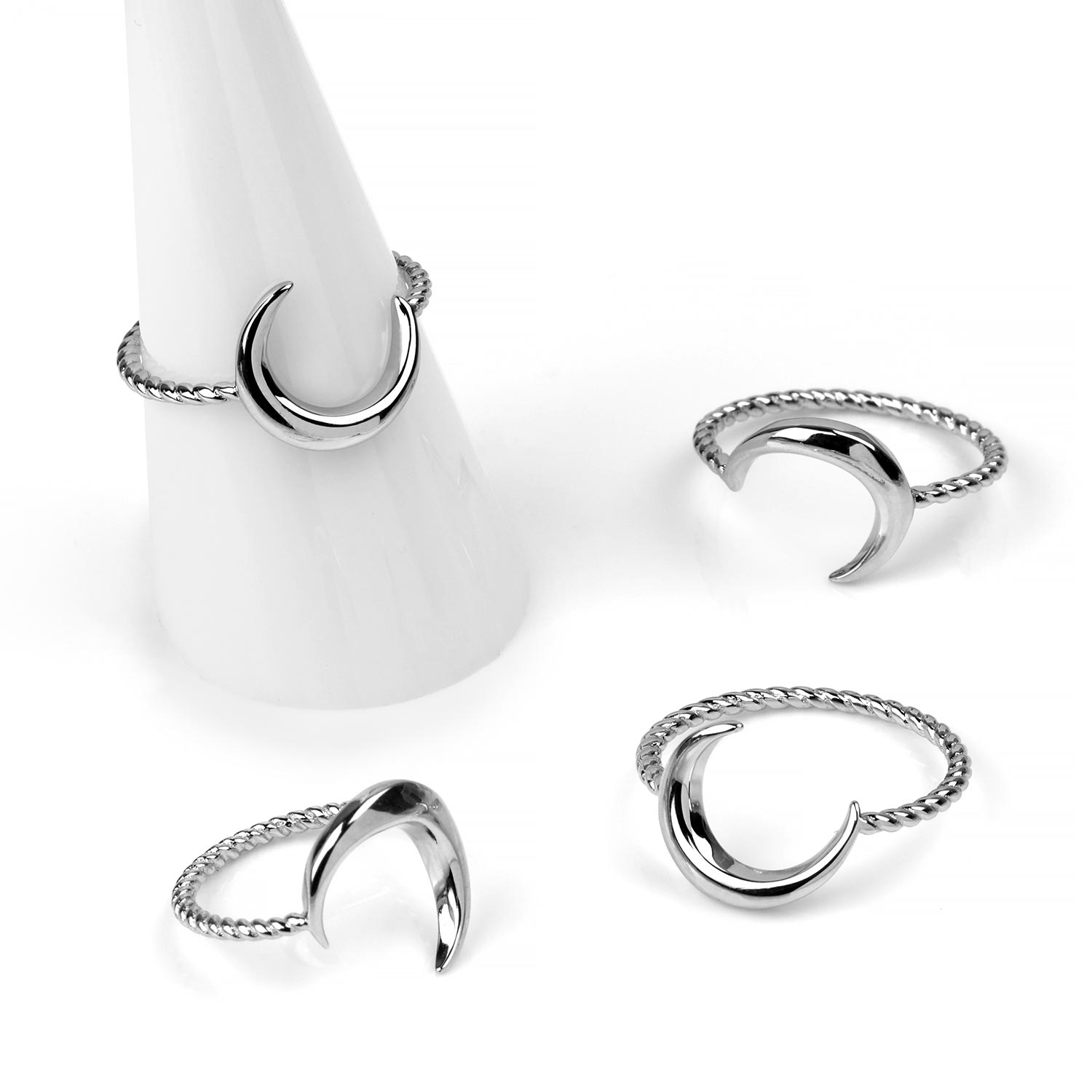 Sterling Silver Twisted Crescent Moon Finger Ring
