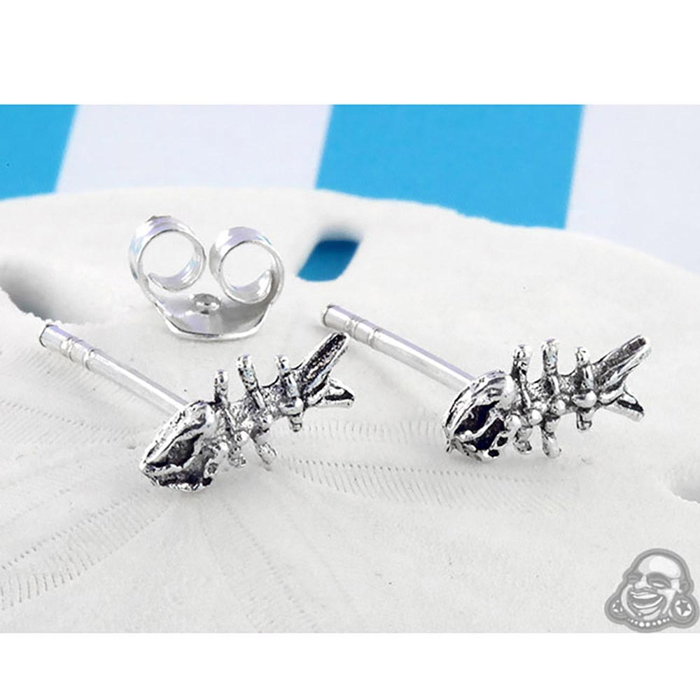 Solid Sterling Silver Fish Bone Skeleton Stud Earrings