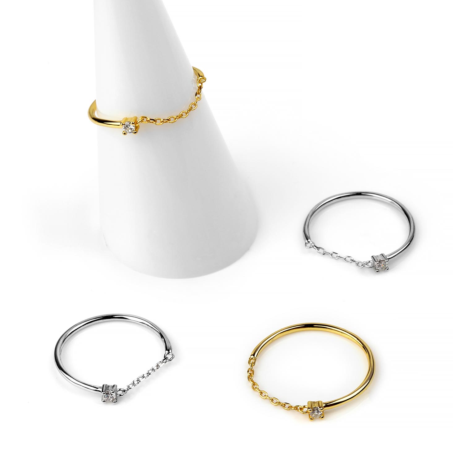 Sterling Silver Gem Chain Ring - Pvd Plated Finger-ring