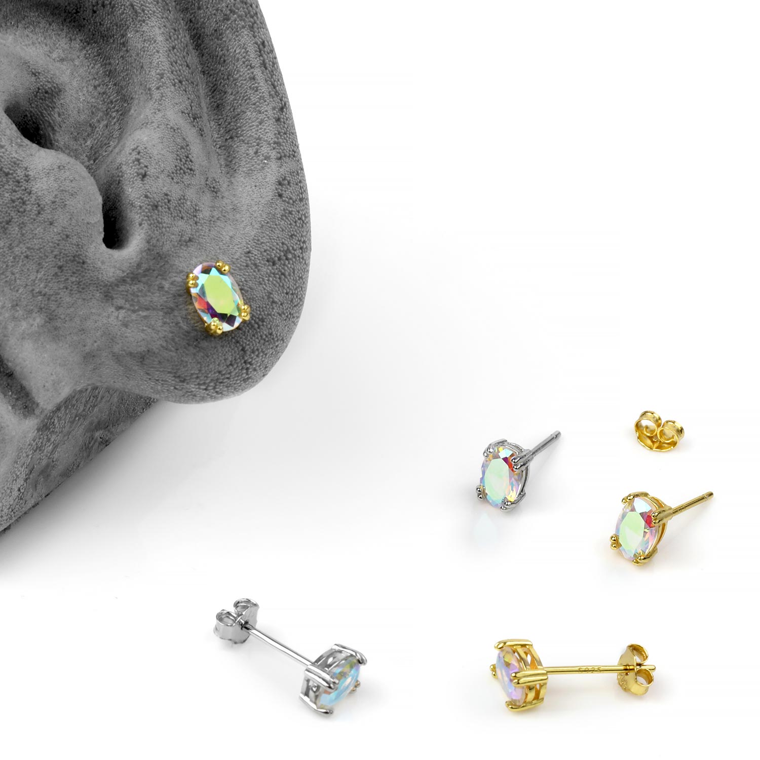 Sterling Silver Oval Ab Synthetic Gem Stud Earrings