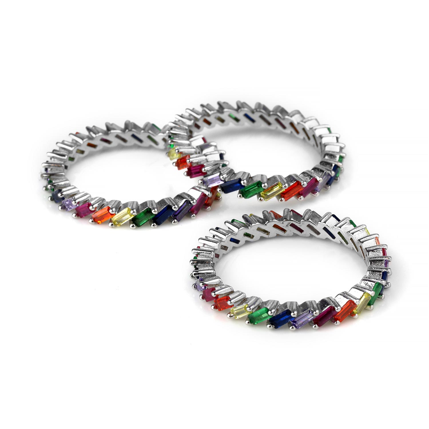 Silver Rainbow Baguette Gem Rings With Synthetic Stones