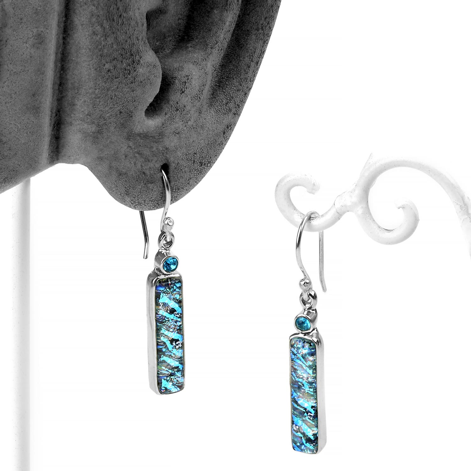 Silver Dichroic Glass Tower Dangle Earrings