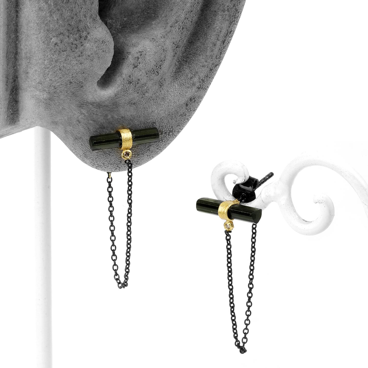 Silver Plated Tourmaline Chain Earrings With Gems