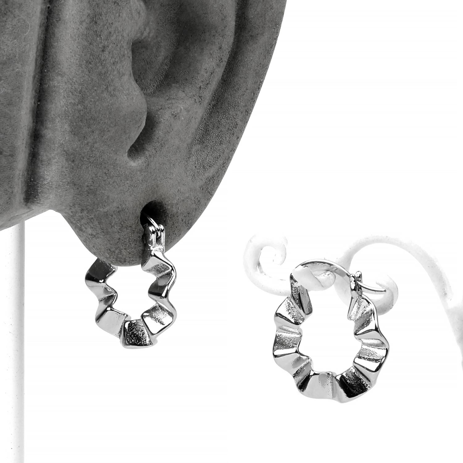 Sterling Silver Pleated Hoop Earrings Basic Ear Piercing