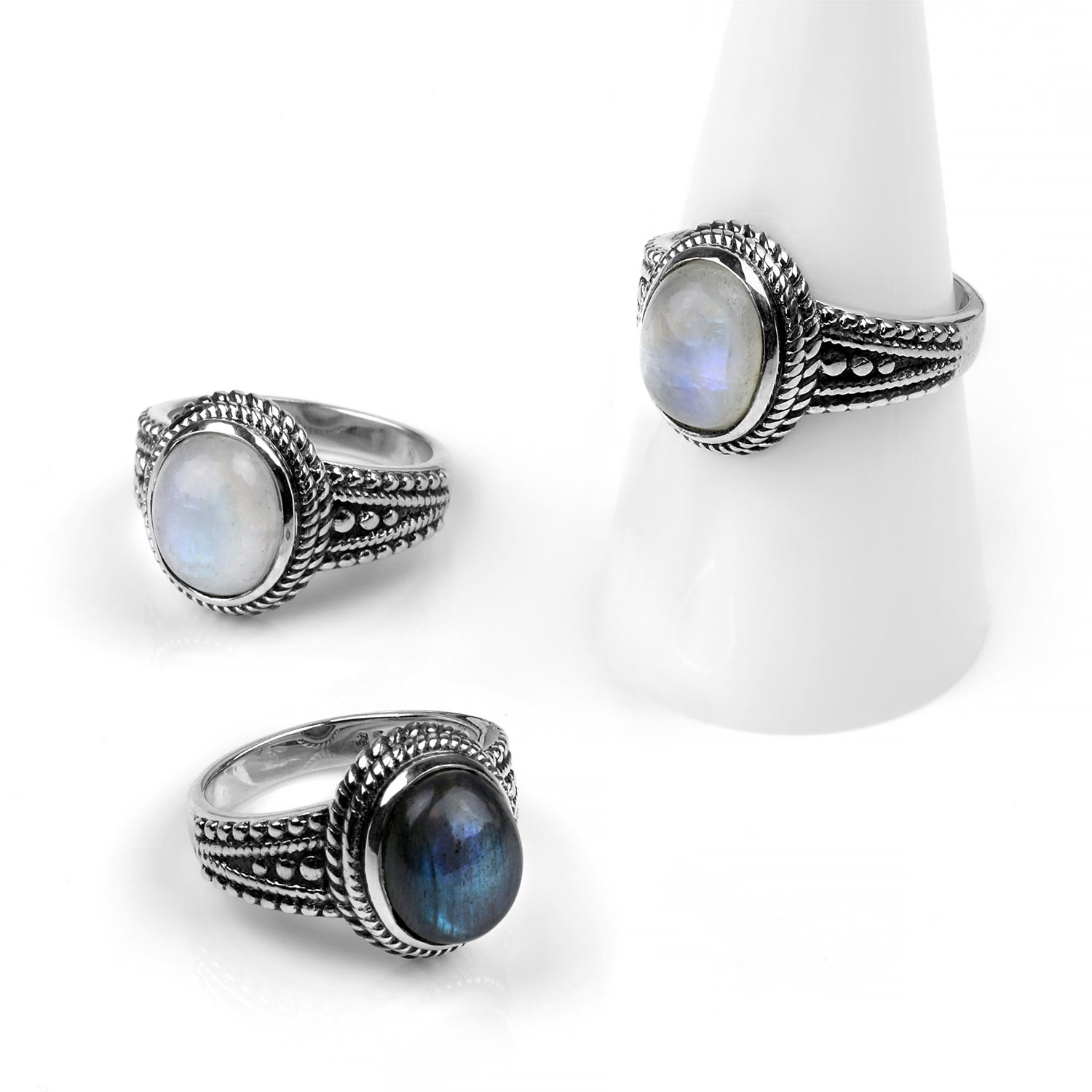 Sterling Silver Beaded Stone Cabochon Signet Ring