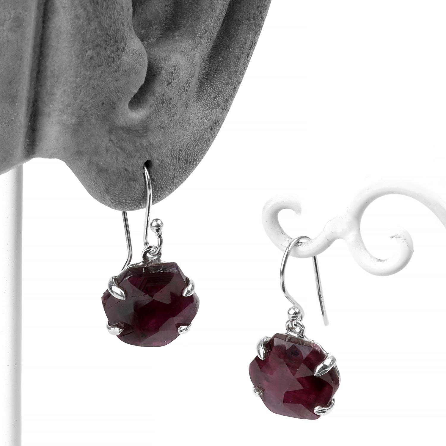 Silver & Ruby Dangle Earrings For Basic Piercing