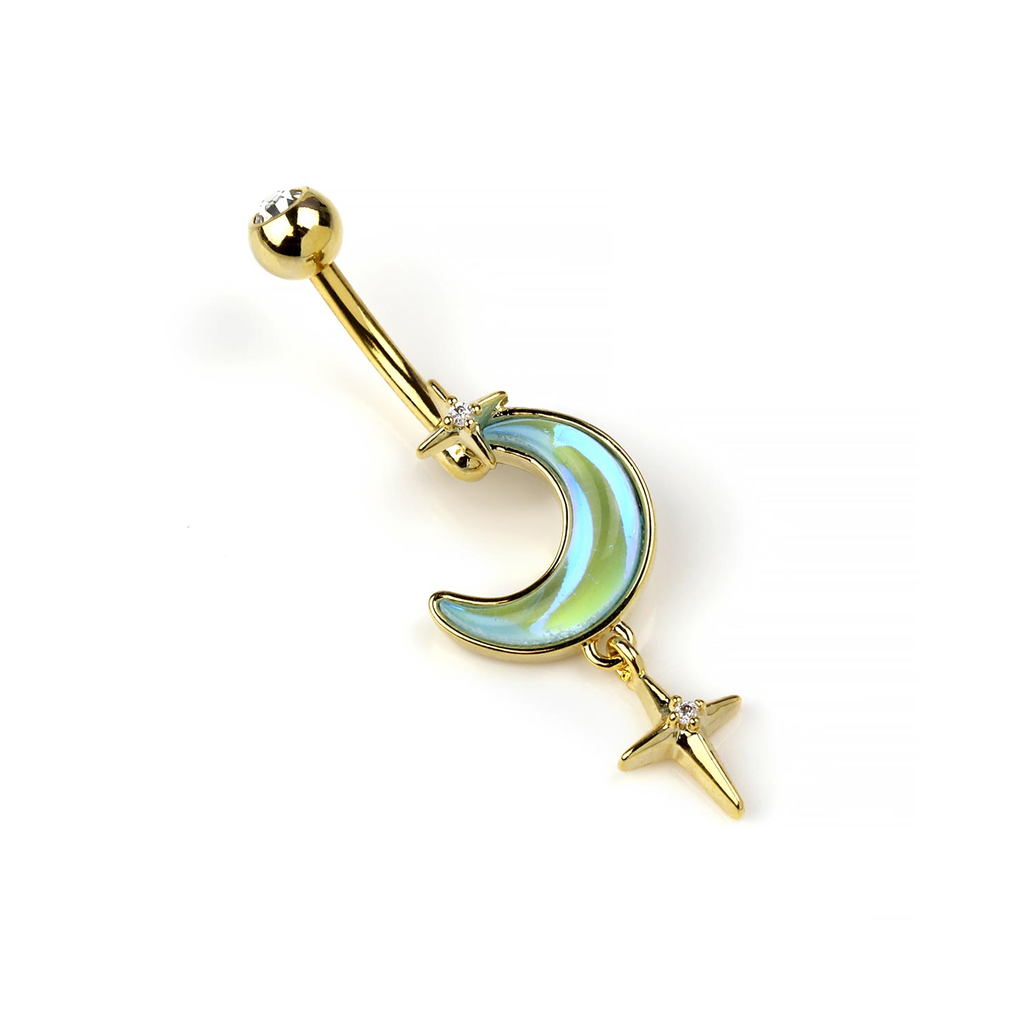 Steel Crescent Moon Navel Piercing With Gemstones