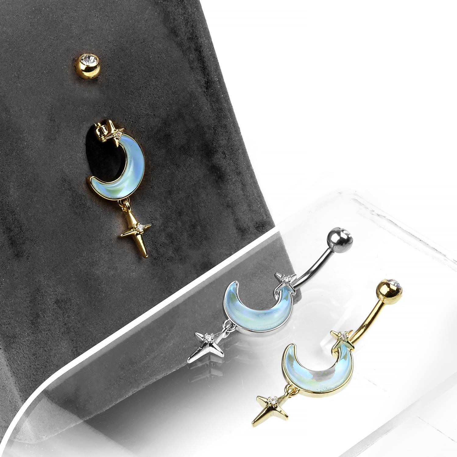 Steel Crescent Moon Navel Piercing With Gemstones