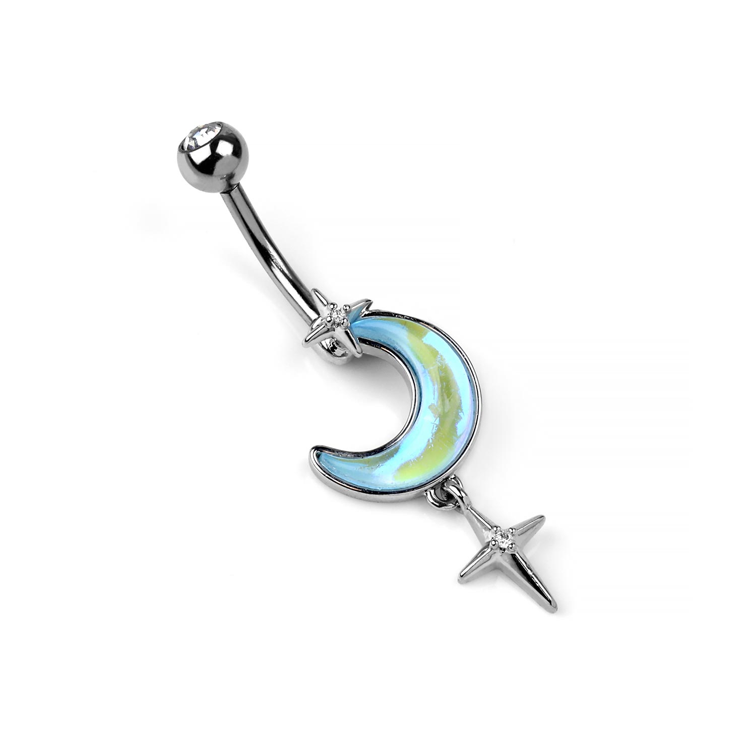 Steel Crescent Moon Navel Piercing With Gemstones