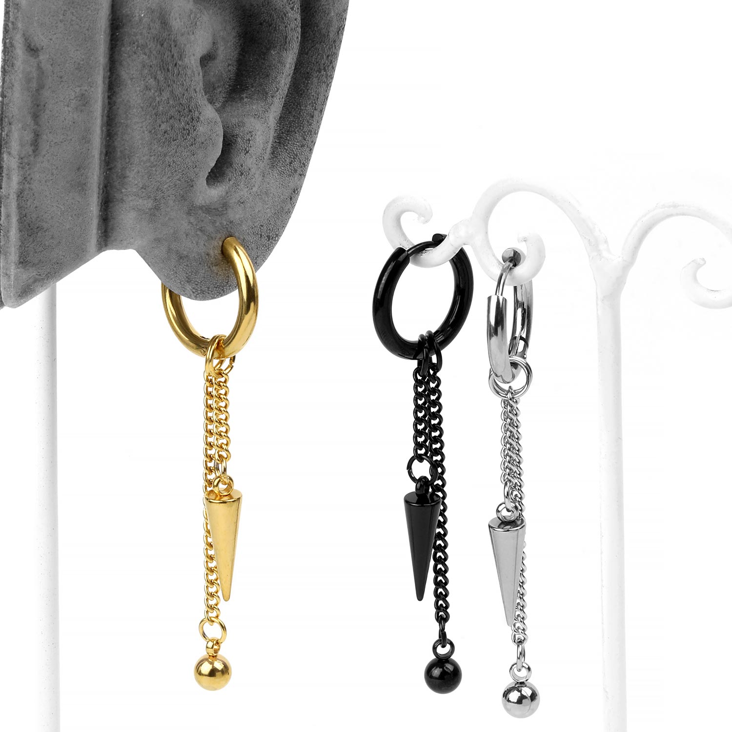 Steel Ball And Spike Chain Huggie Earrings