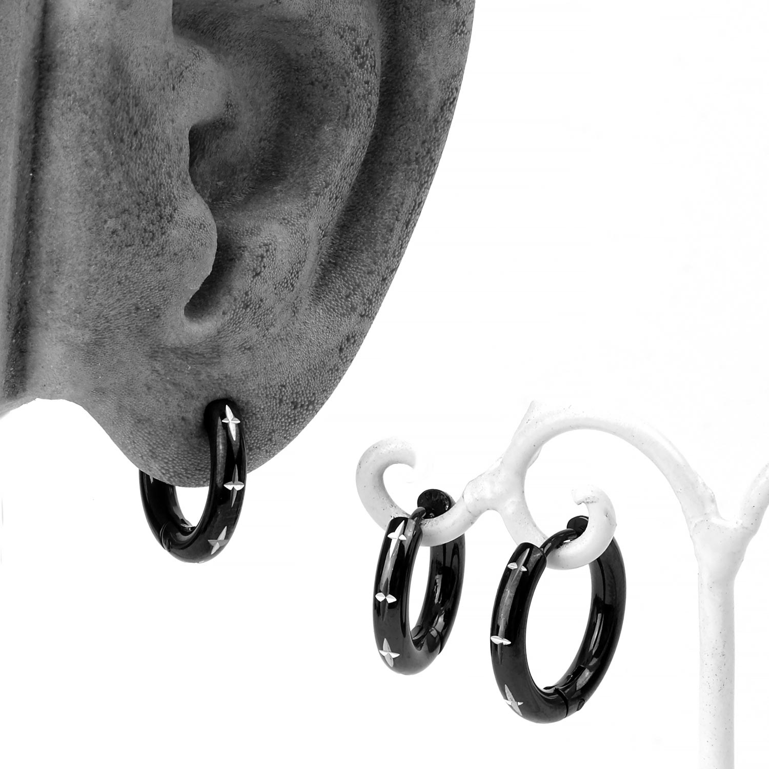 Steel Star Cross Cut Black Hoop Earrings