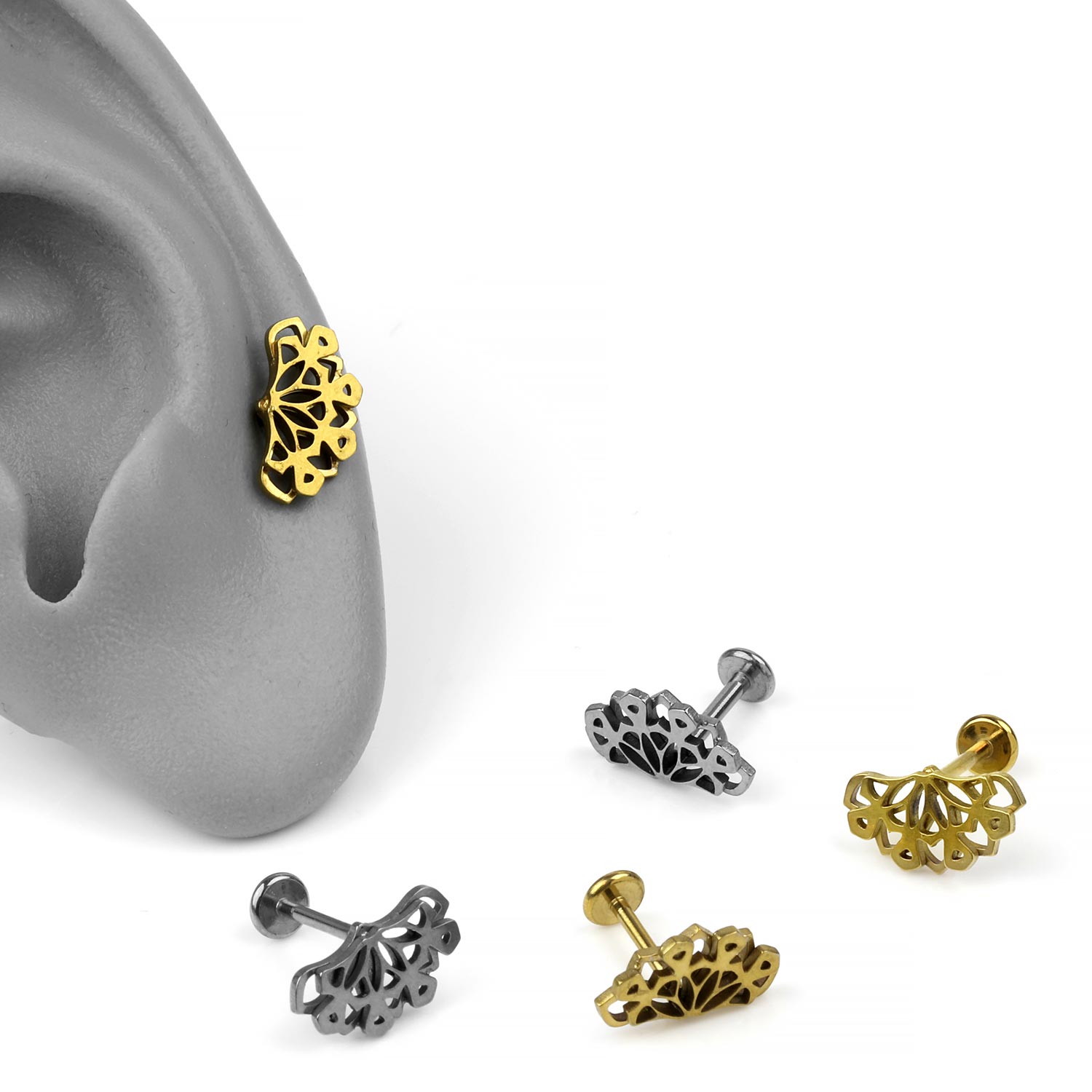 Steel Floral Fan Labret For Helix And Lobe Piercings