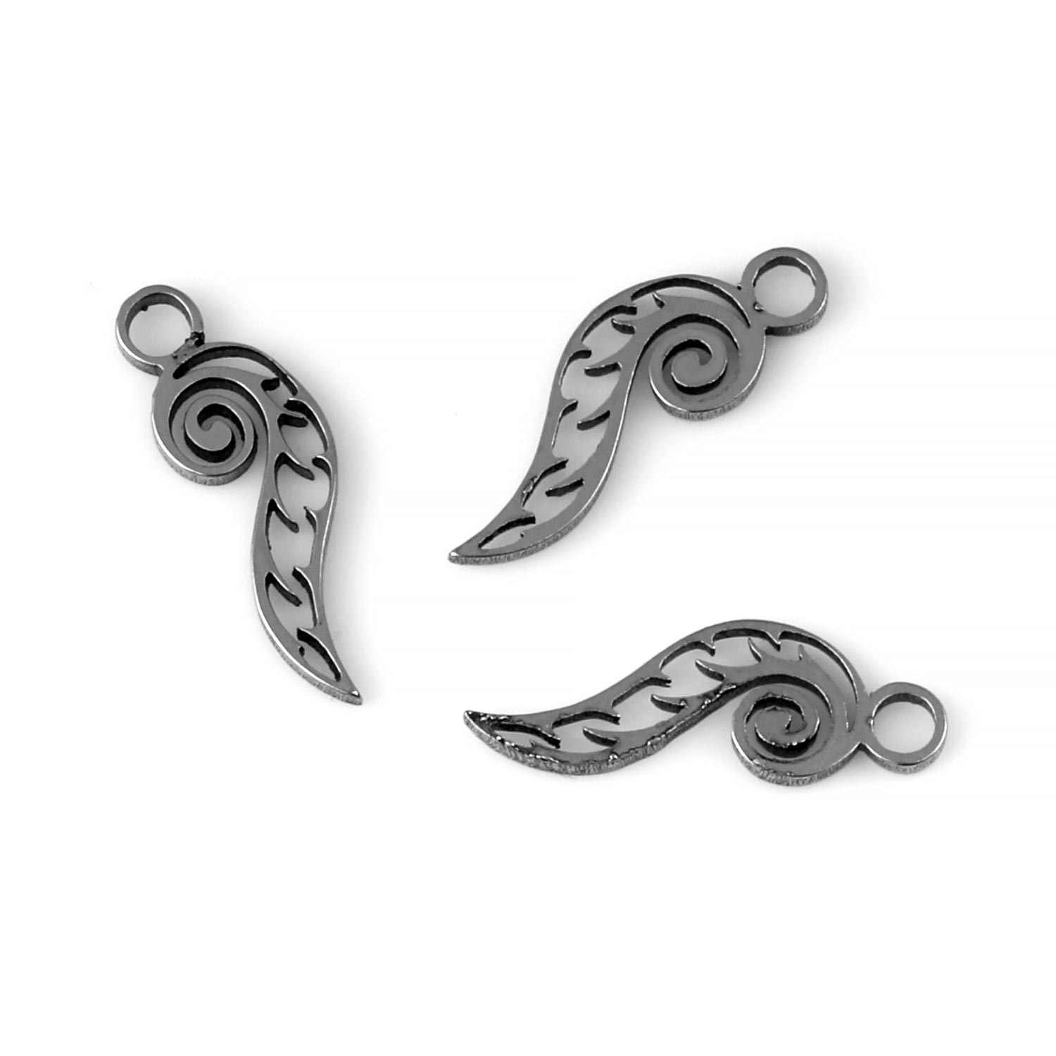 Steel Feather Swirl Charm In Stainless Steel