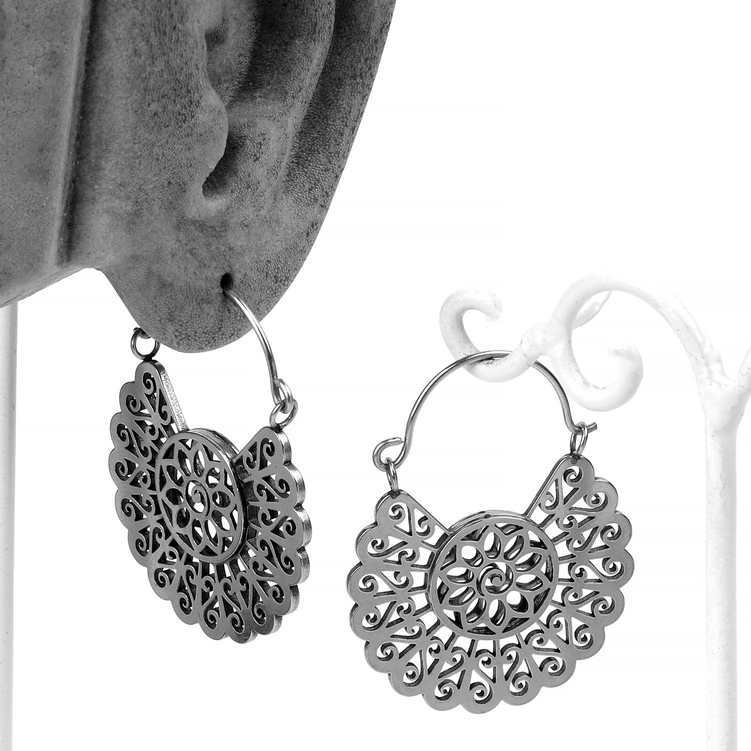 Steel Filigree Mandala Hoops For Lobe Piercings