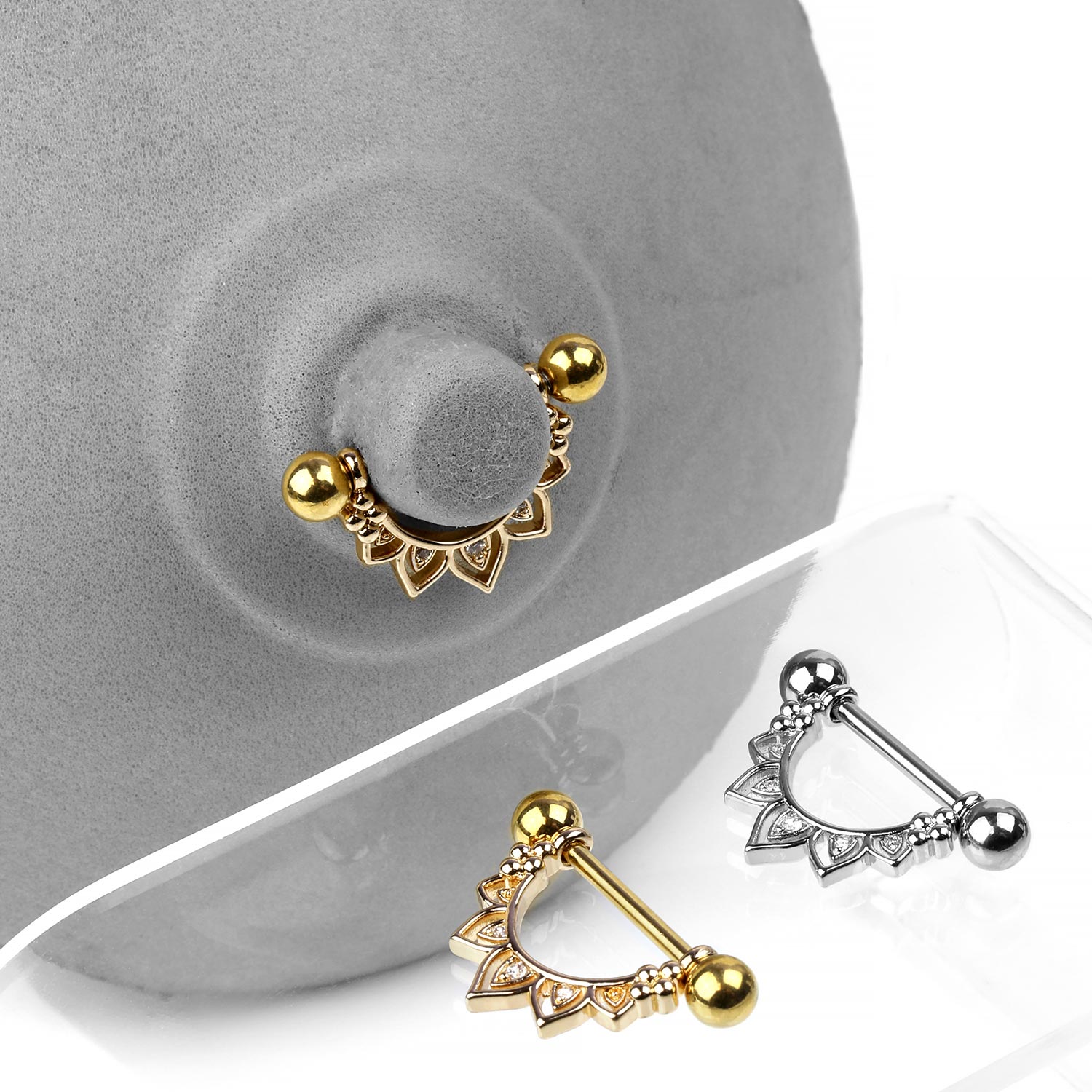 Steel Filigree Fan Nipple Stirrup With Gemstones