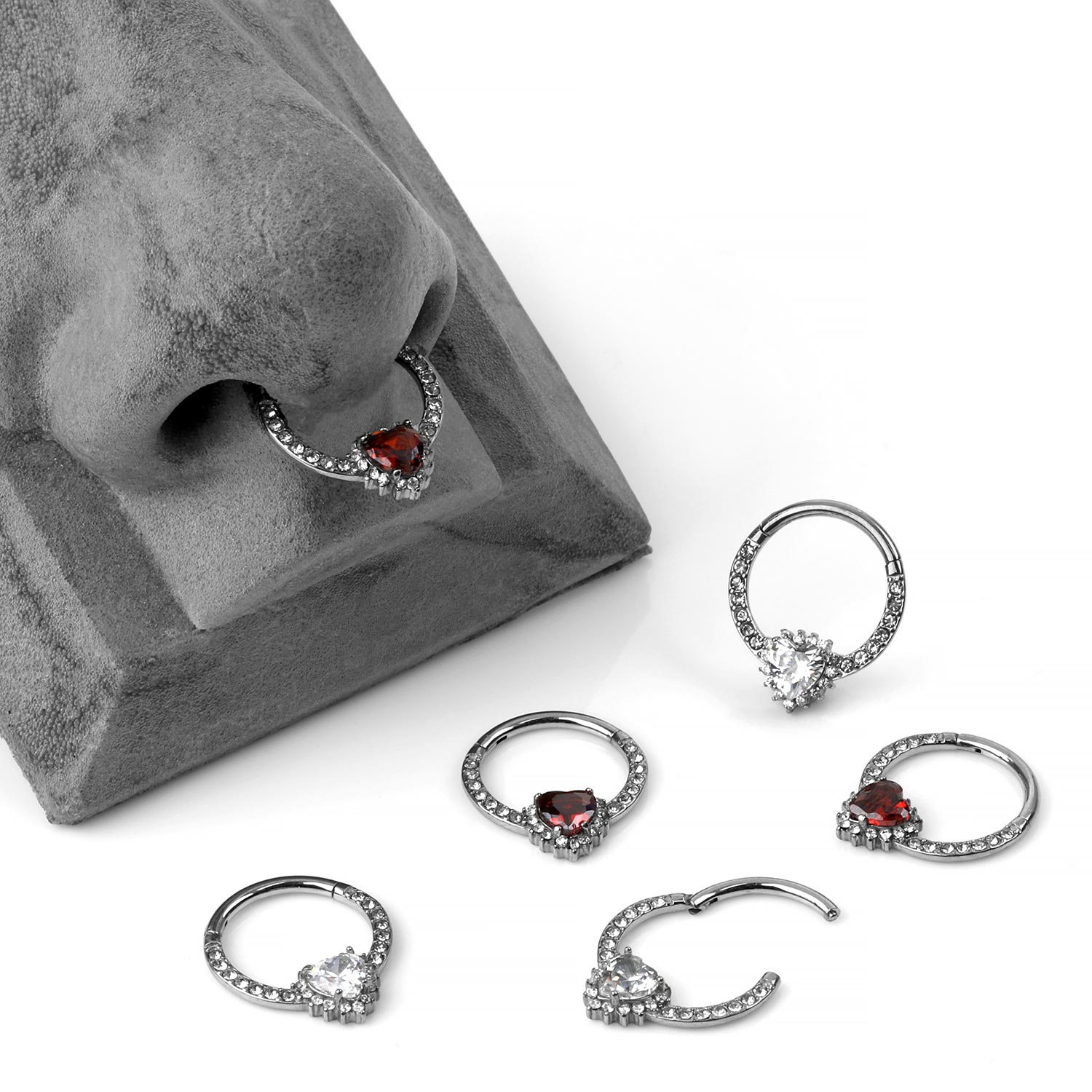 Spiked Gem Heart Septum Clicker In Stainless Steel