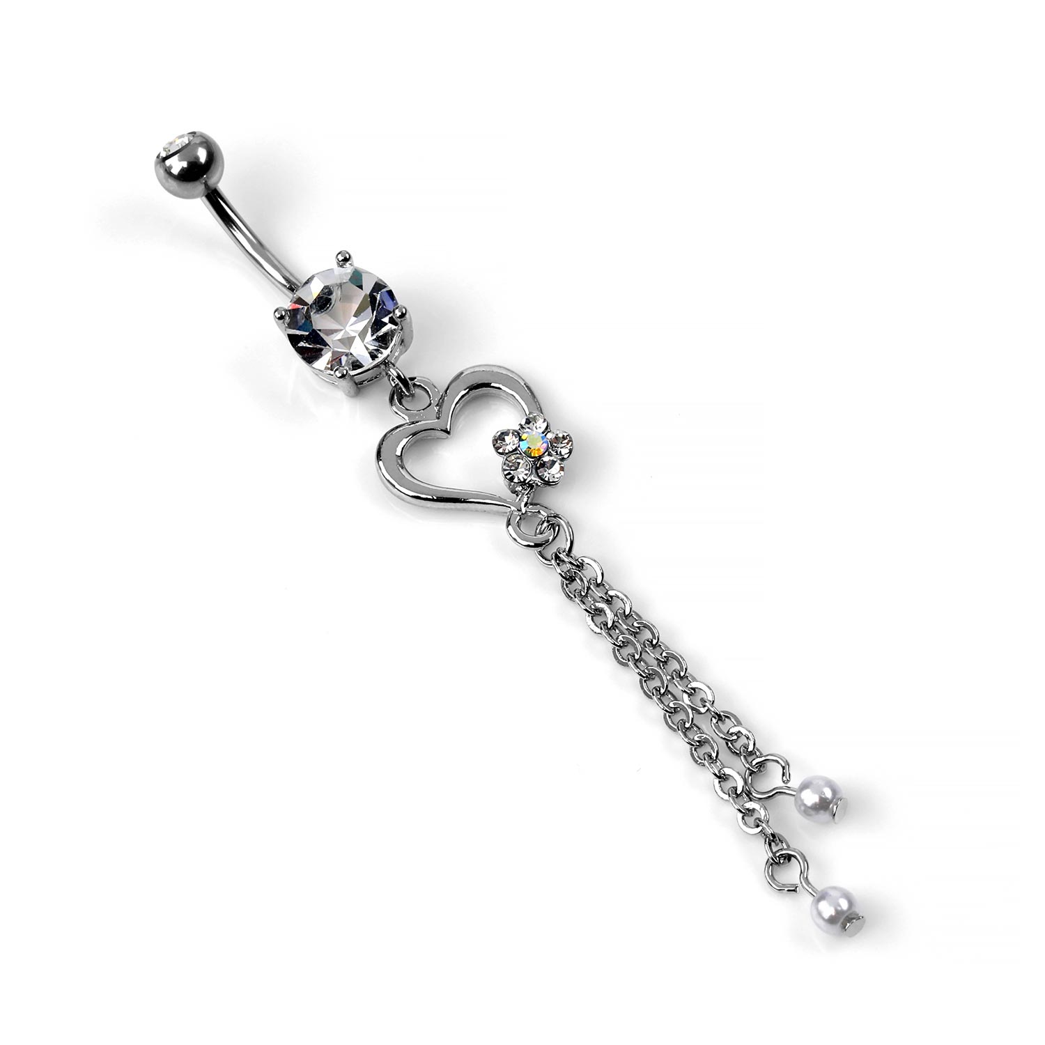 Steel Heart & Flower Navel Piercing With Gemstones