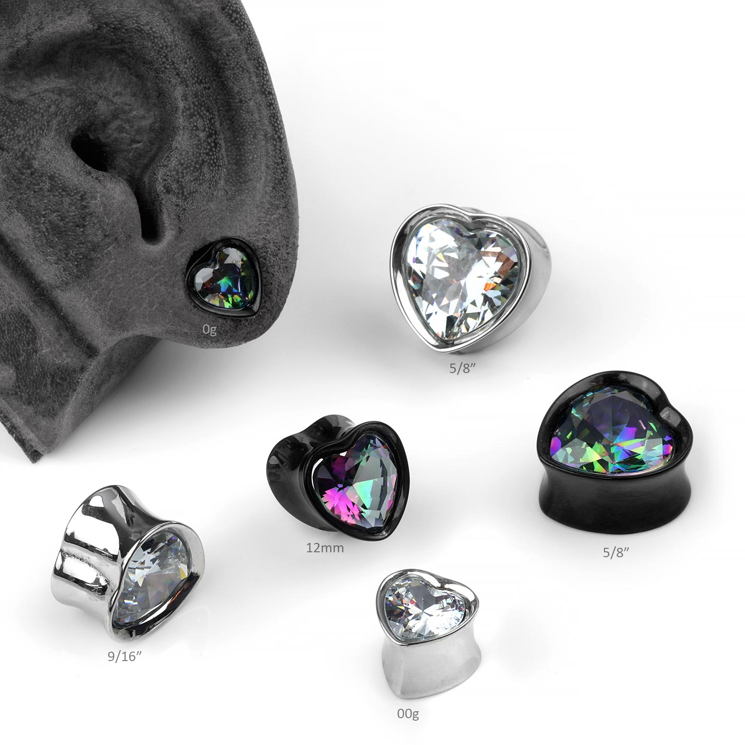 Steel Double Flared Heart Tunnel With Cz And Synthetic Gems