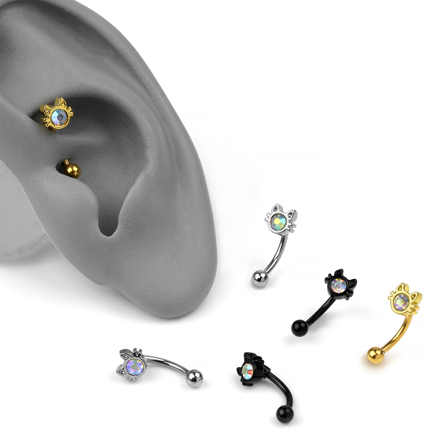Steel Cz Kitty Gemstone Curved Barbell