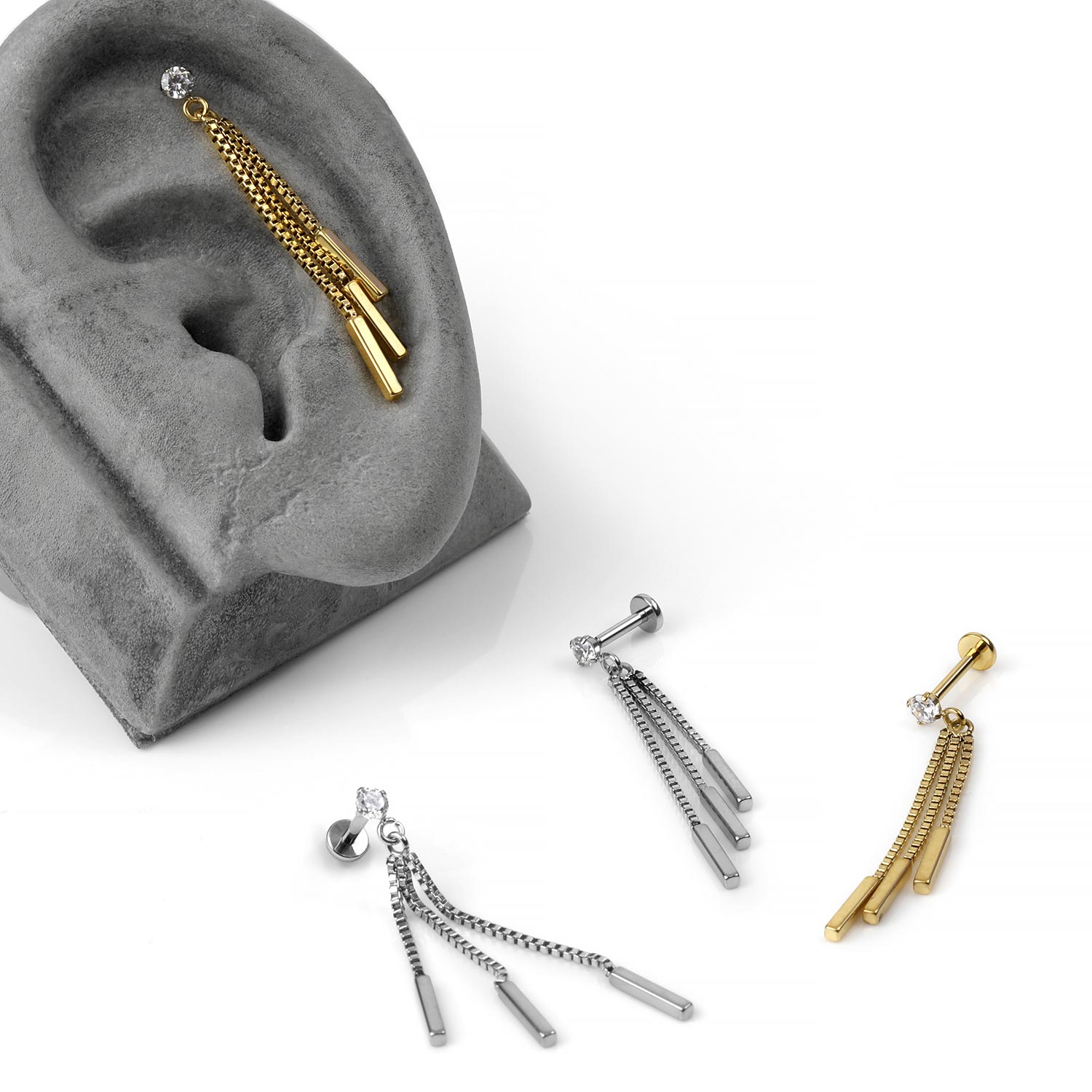 Steel Labret With Gem Chain Dangle For Helix, Lobe Piercings