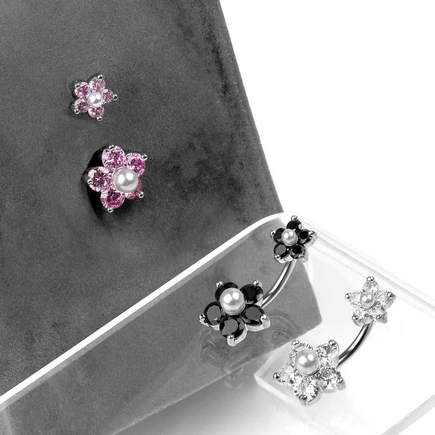 Steel Cz Pearl Flower Navel