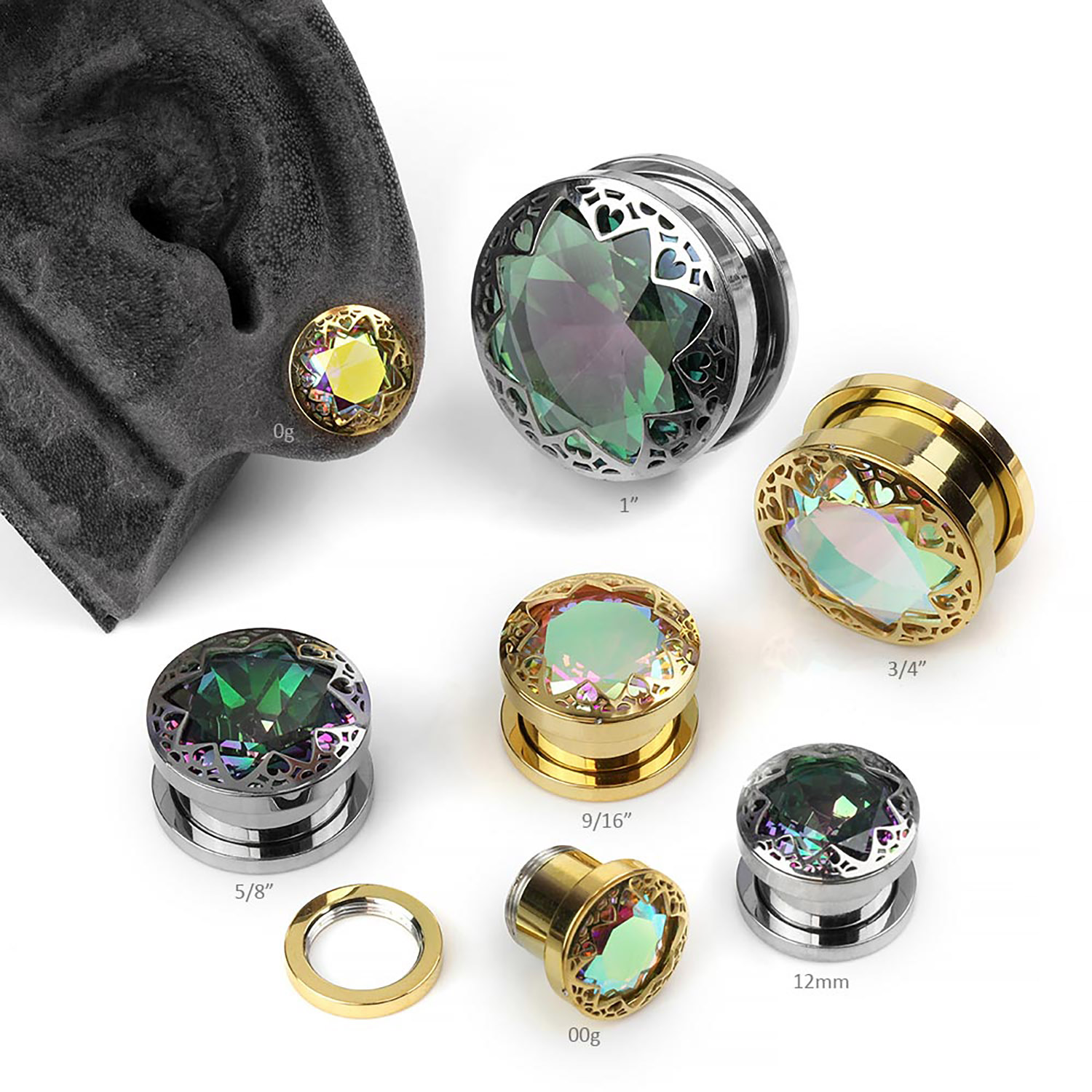 Prismatic Gem Screw Back Plugs | Ardor Vitral Medium Rainbow