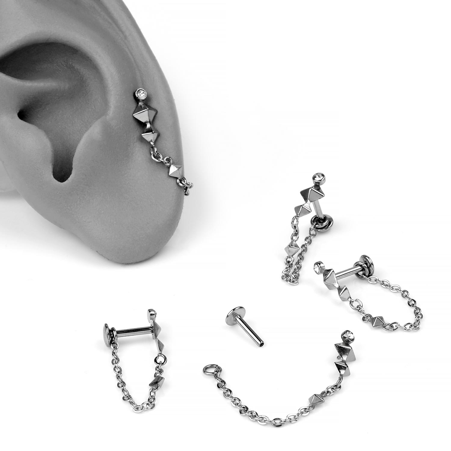 Steel Pyramid Labret With Gemstone Chain Dangle