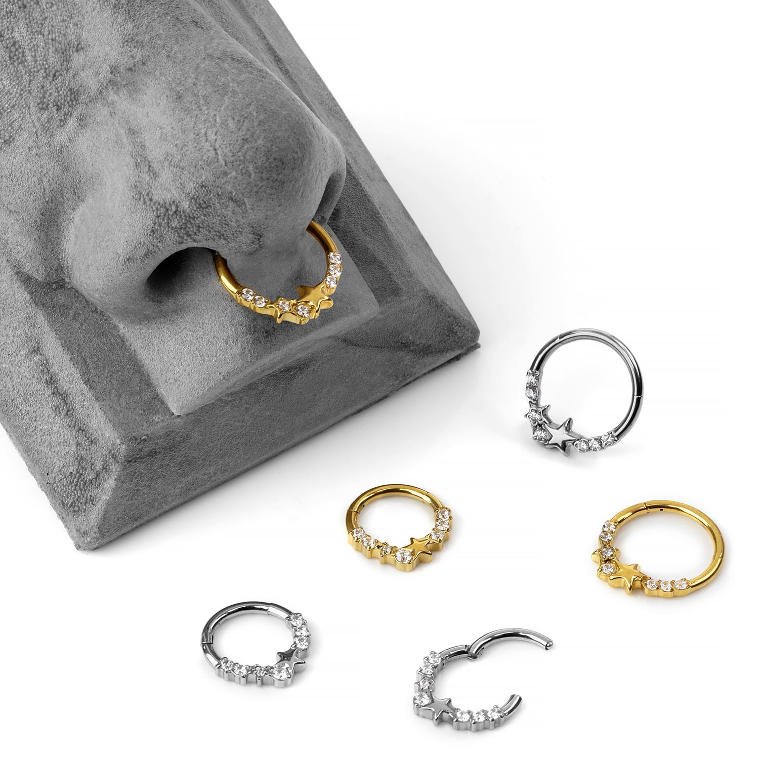 Steel Cz Star Clicker With Synthetic Gemstones