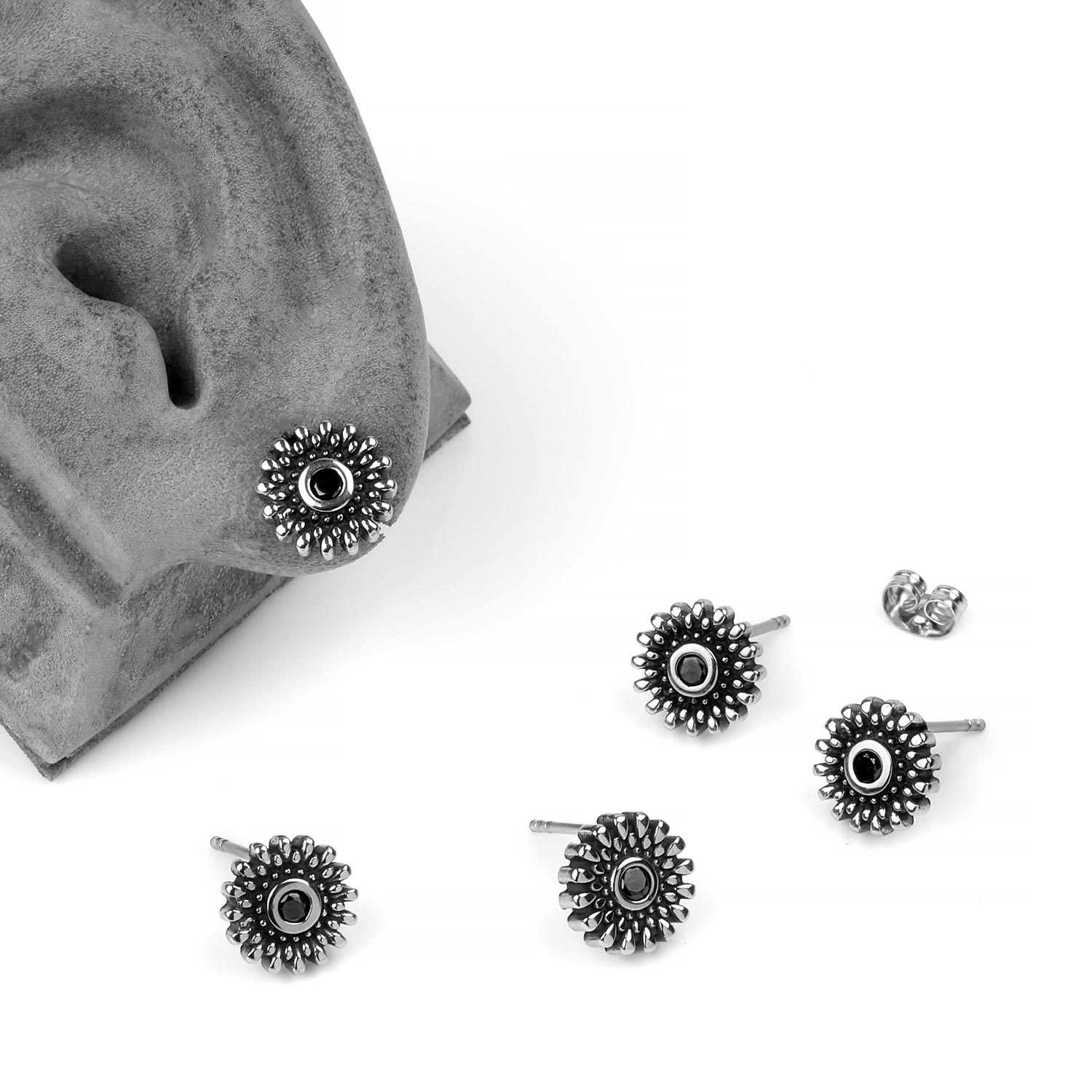Steel Beaded Halo Stud Earrings For Basic Ear Piercing