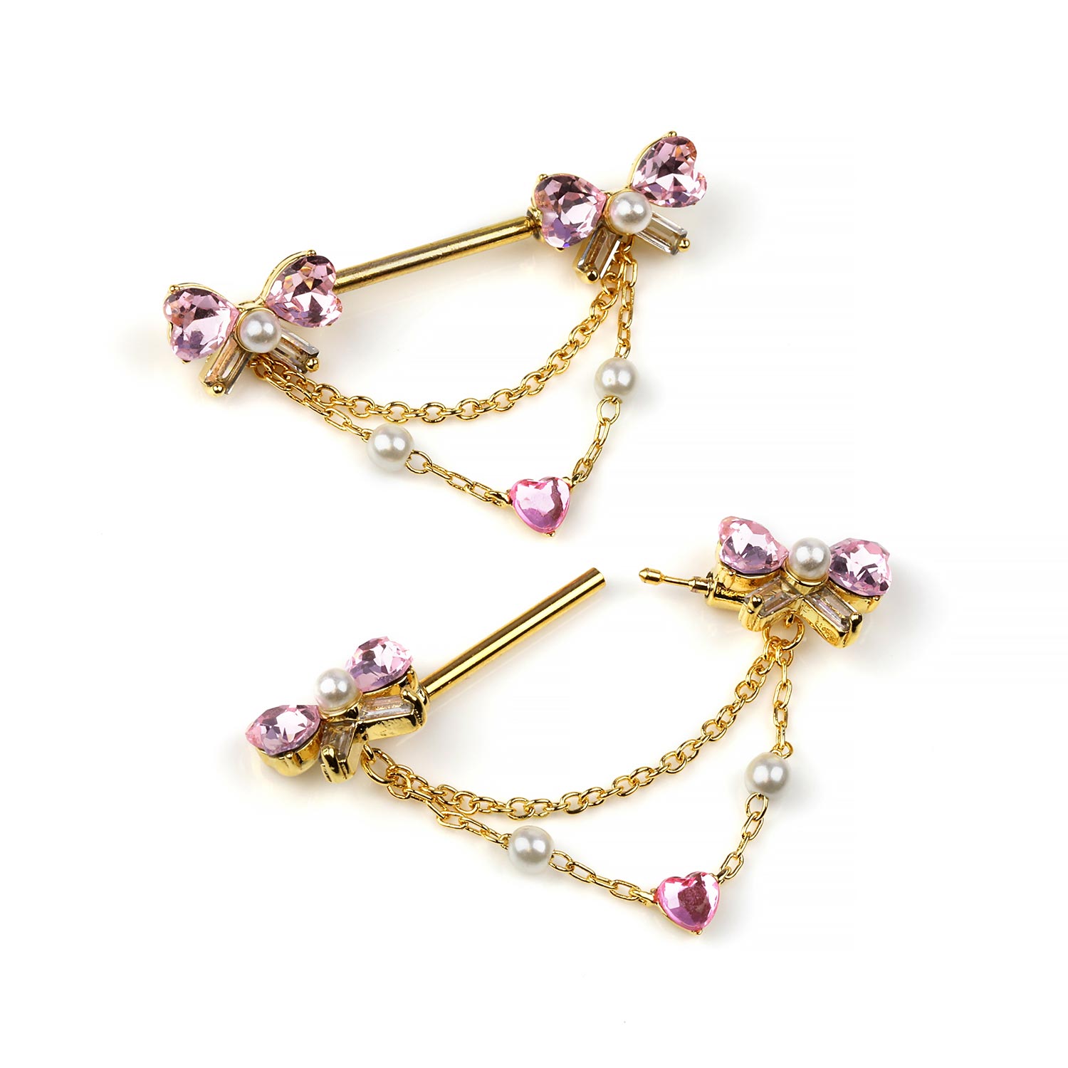 Steel Threadless Bow Nipple Barbell With Dangle Chains