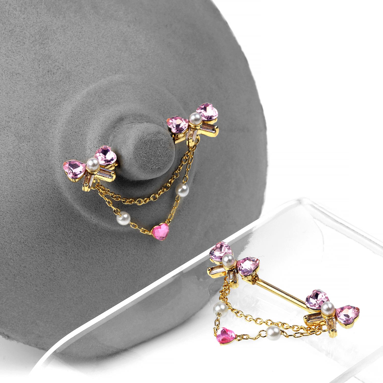 Steel Threadless Bow Nipple Barbell With Dangle Chains